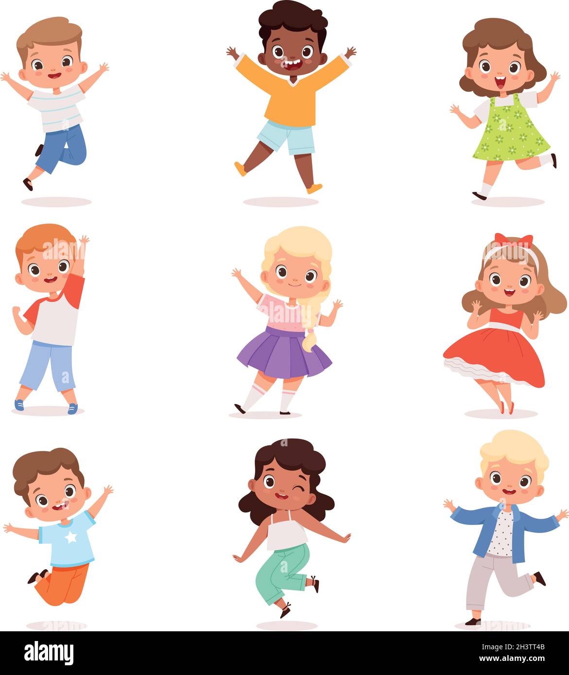 Happy childrens. Cute playing kids in action poses vector boys and ...
