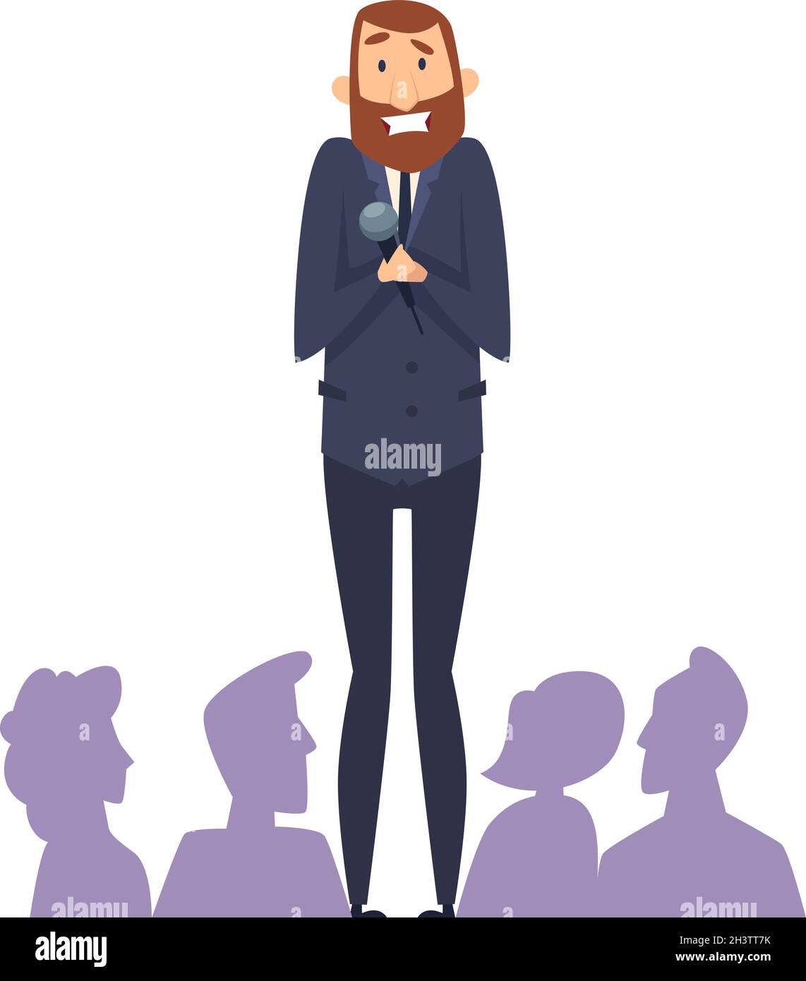 Public speaking fear. Man with microphone in front of audience ...