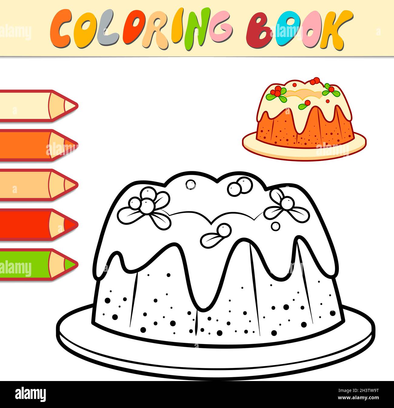 Coloring book or page for kids. Christmas cake black and white vector ...