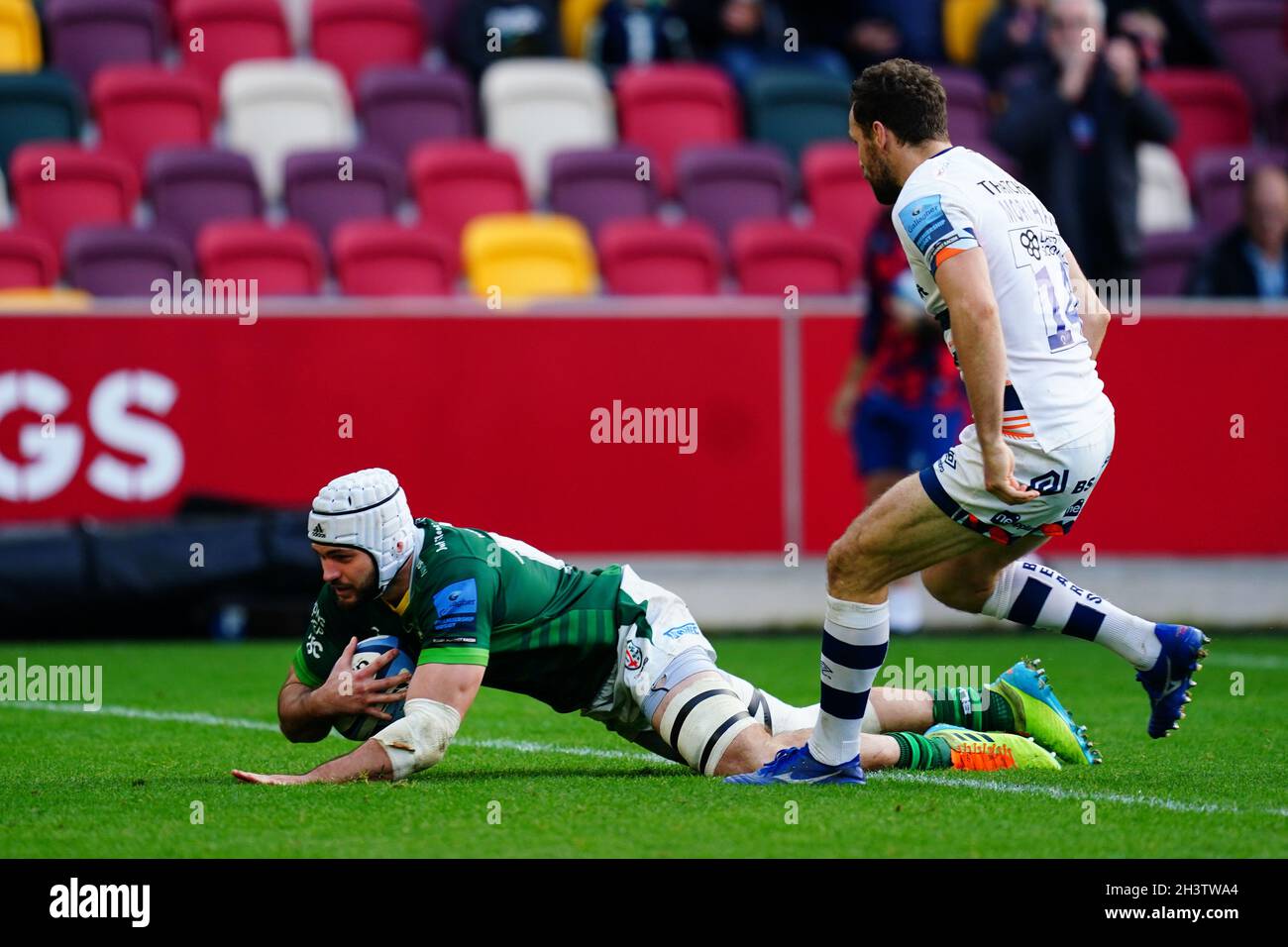 London Irish's Matt Rogerson scores a try during the Gallagher ...