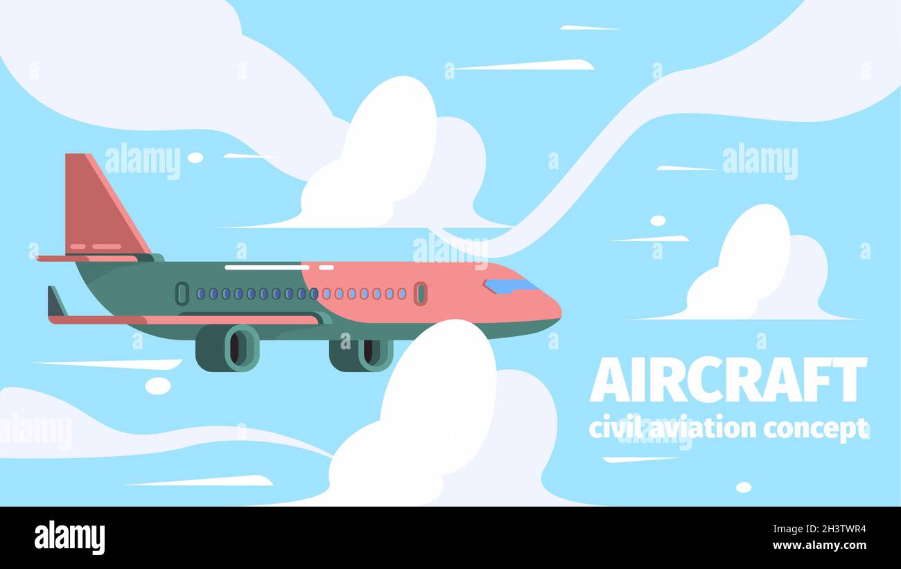 Plane in sky. Travelling background passenger aircraft in clouds vector ...
