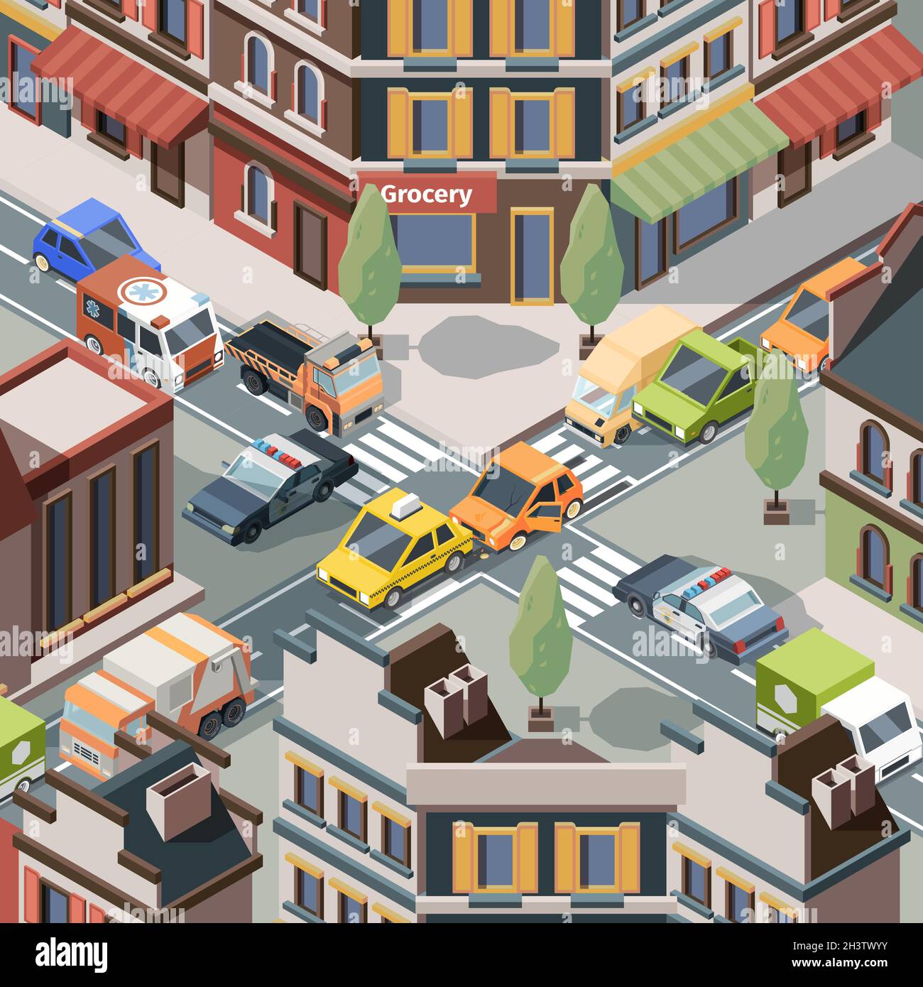 Crossroad accident. Injury trouble urban cars police crash transport on ...