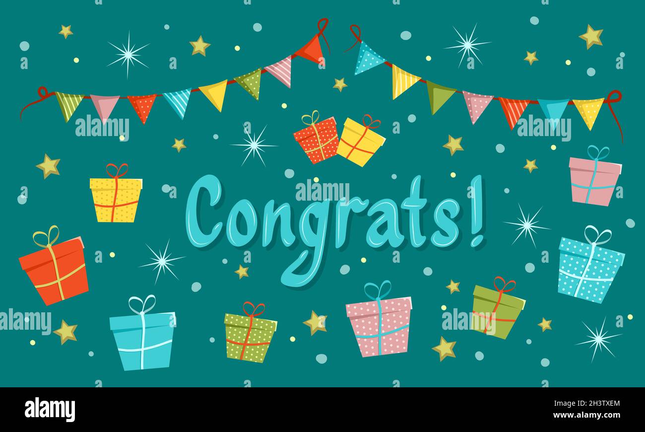 Congrats lettering with festive flags, garland, gift boxes and stars ...