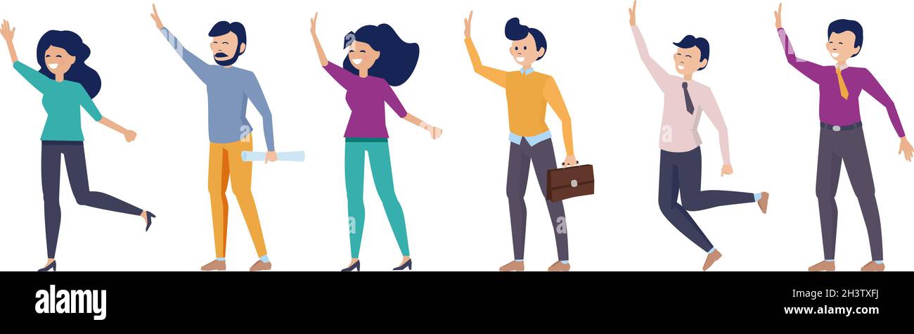 Hello people. Man woman greetings characters, happy flat diverse ...