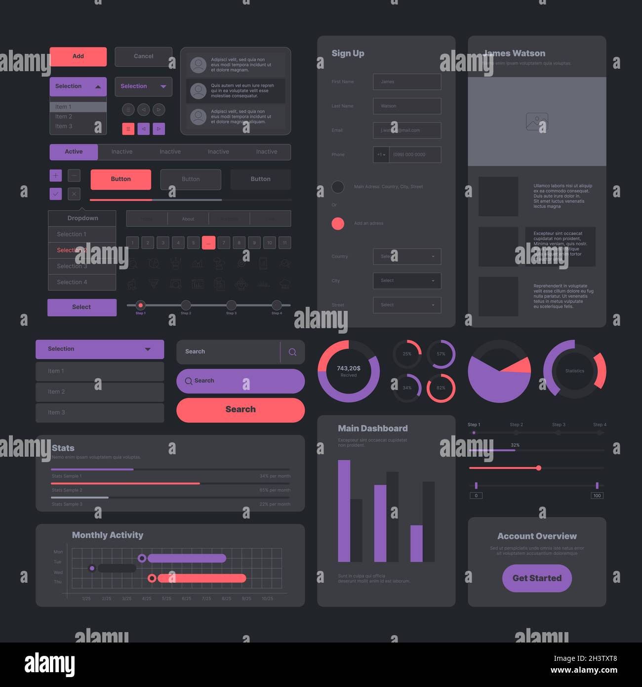 Ui dark. Web design pages layout user icons buttons dividers navigate ...