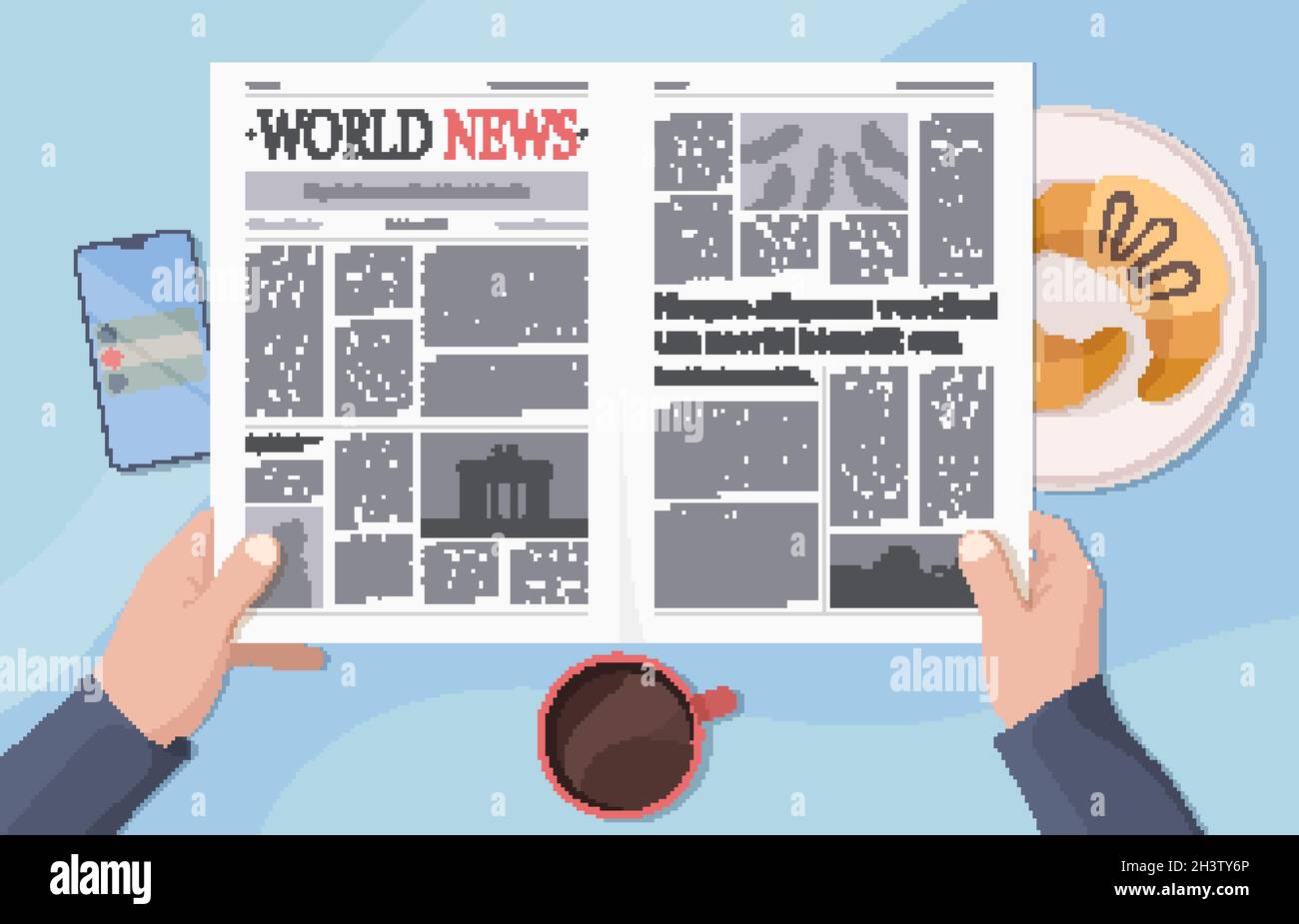 Hands holding newspaper. Businessman reading news and drinking morning ...