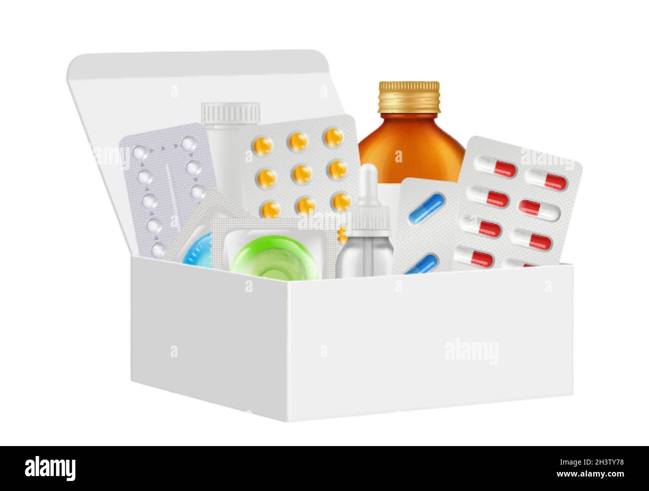 Medications kit. First aid box, realistic pills, bottles condoms ...