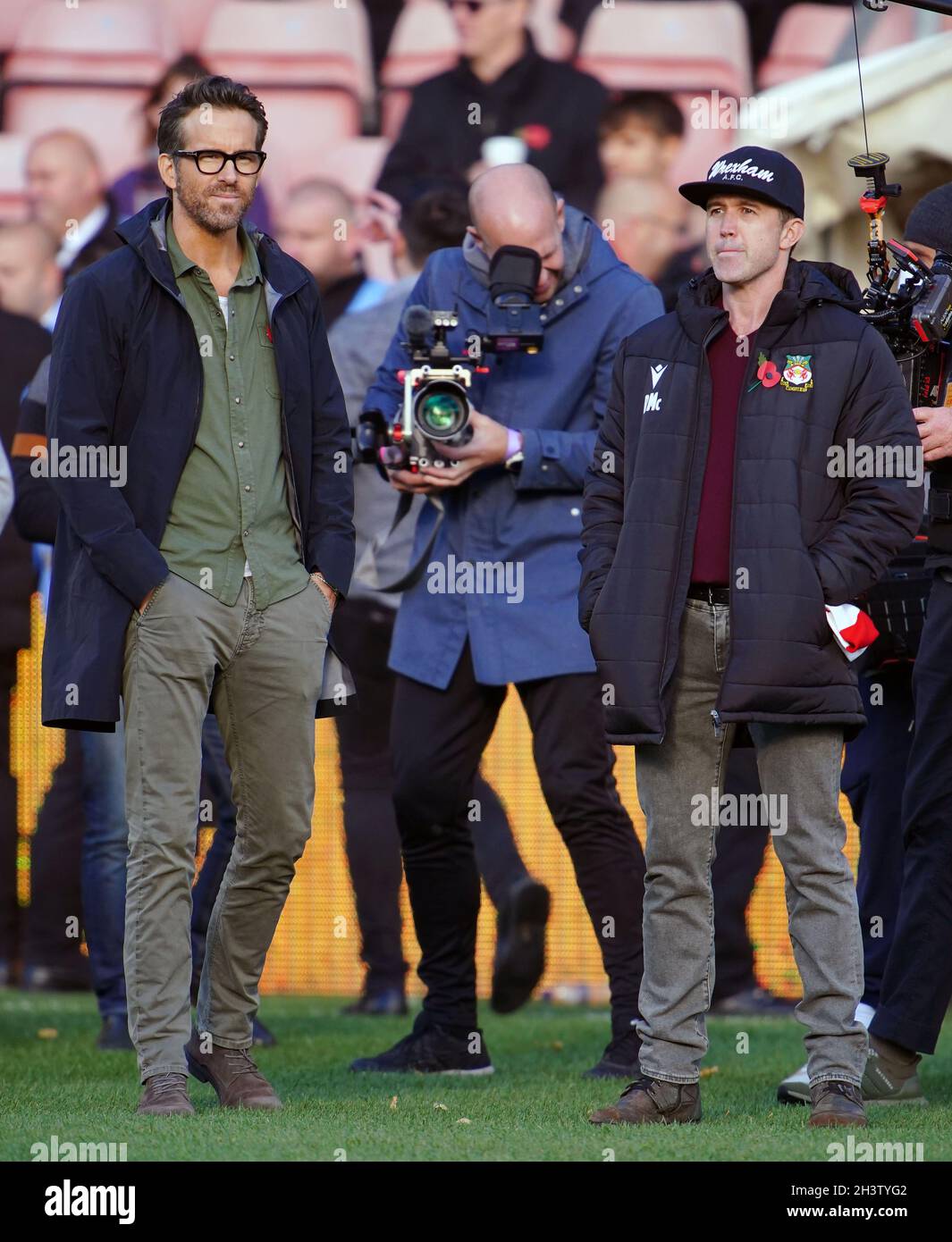 Wrexham owners Ryan Reynolds and Rob McElhenney before the Vanarama National League match at the ...