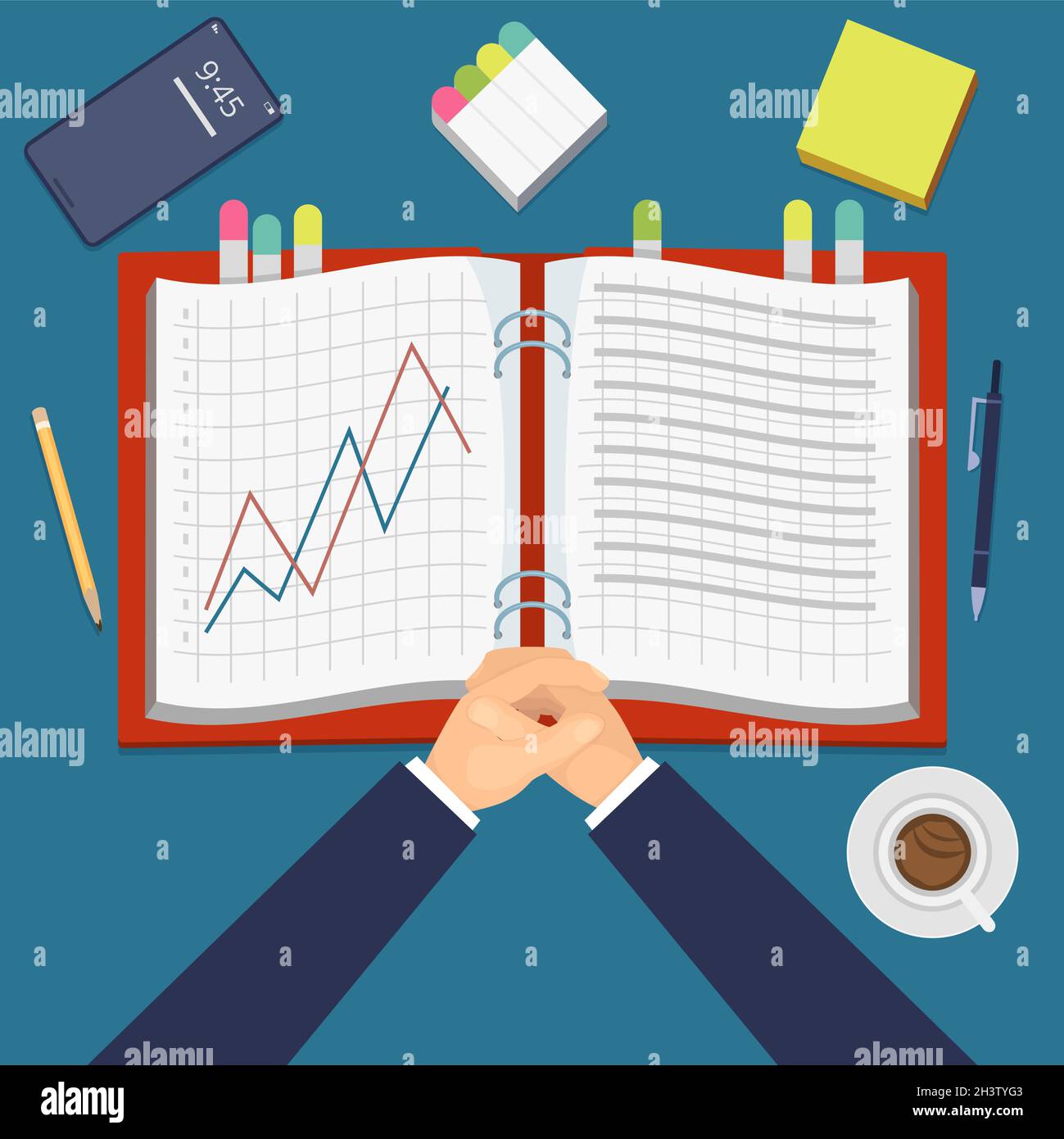 Financial performance. Work diary with graphs top view, investment ...