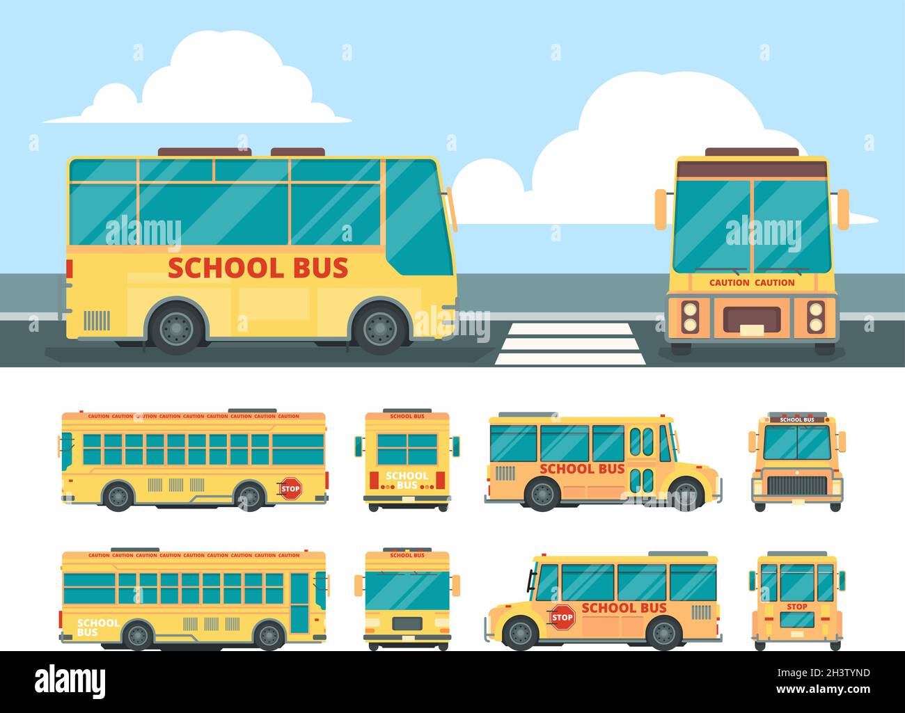 Yellow bus. School daily transport for kid bus in different point views ...