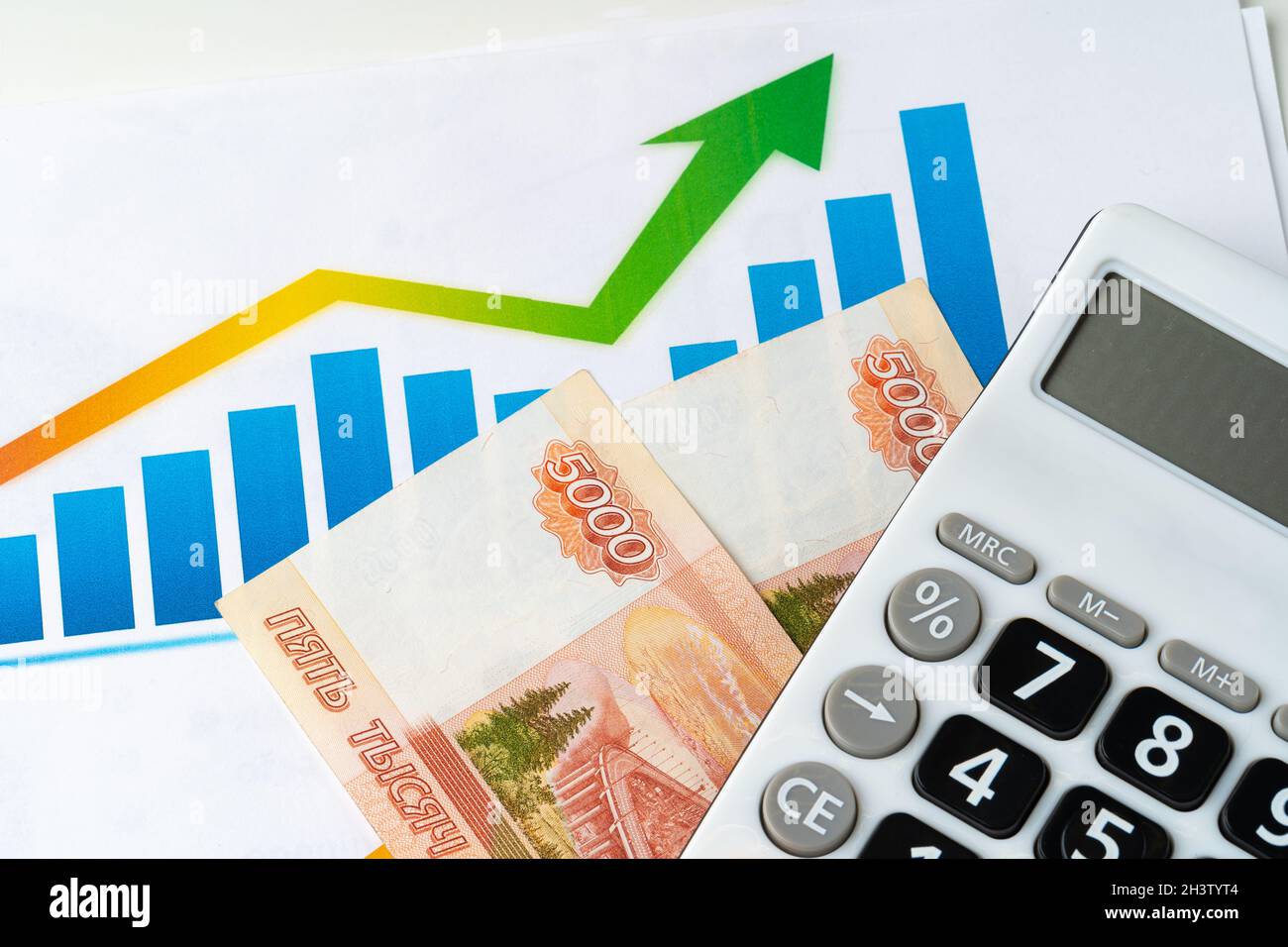 Financial chart with Russian rubles money stack with calculator ...