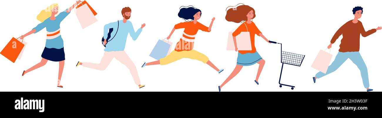 People run with purchases. Shopping time, sale or discounts. Open mall ...