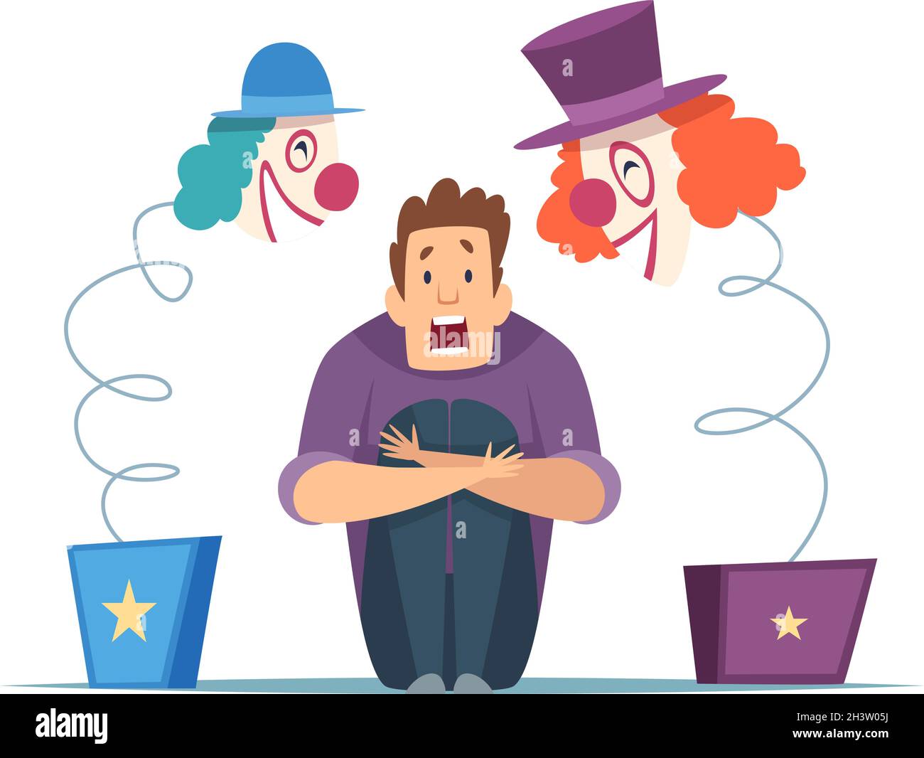 Nervous man. Male in panic, fear of clowns. Isolated screaming guy ...