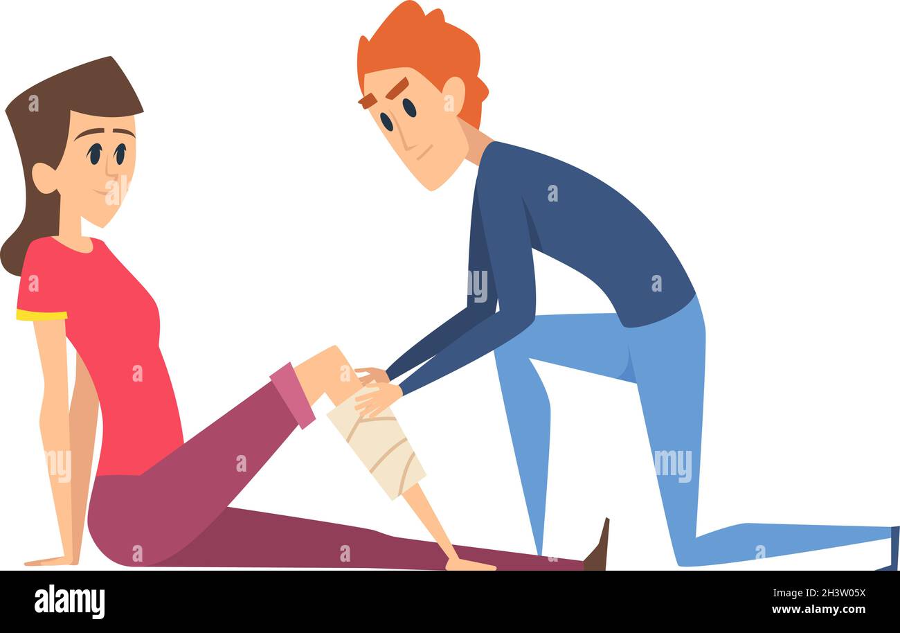 Leg injury. Woman with bandage, man help young girl. First aid surgery ...