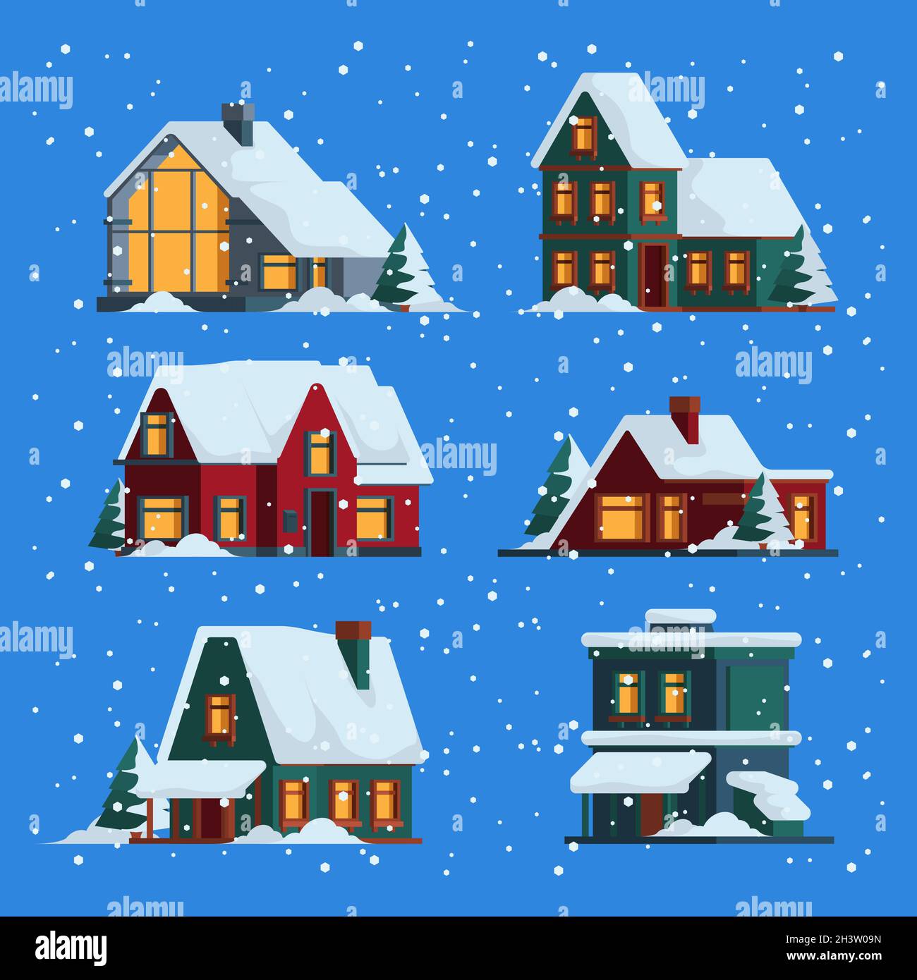 Winter houses. Christmas cute wooden buildings cottage with snow cap ...
