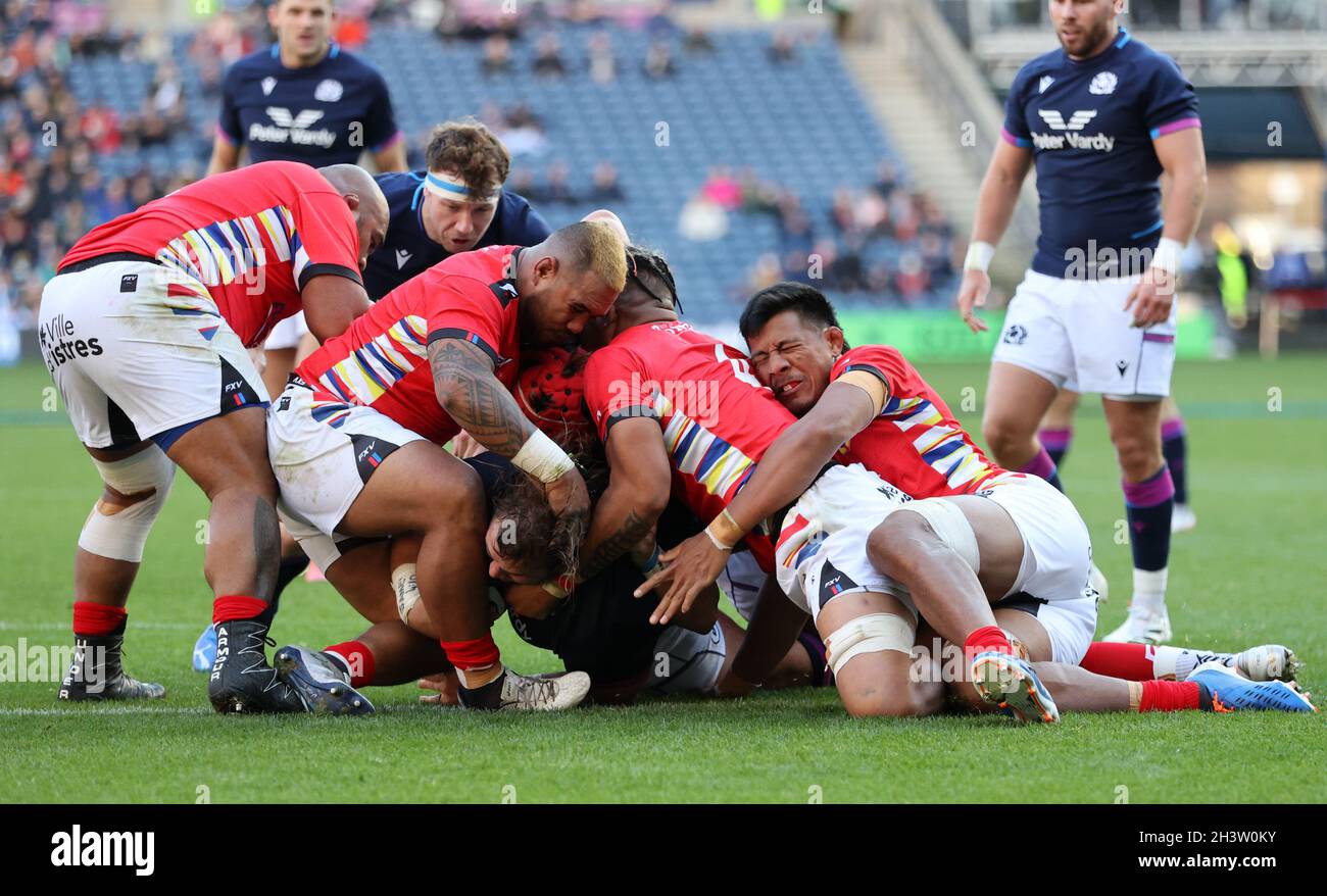 Scotland's Pierre Schoeman scores a try during the Autumn Nations ...