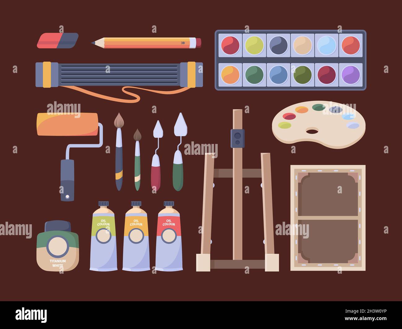 Artist items. Tools for painter brushes canvas oil tubes easel pencils ...