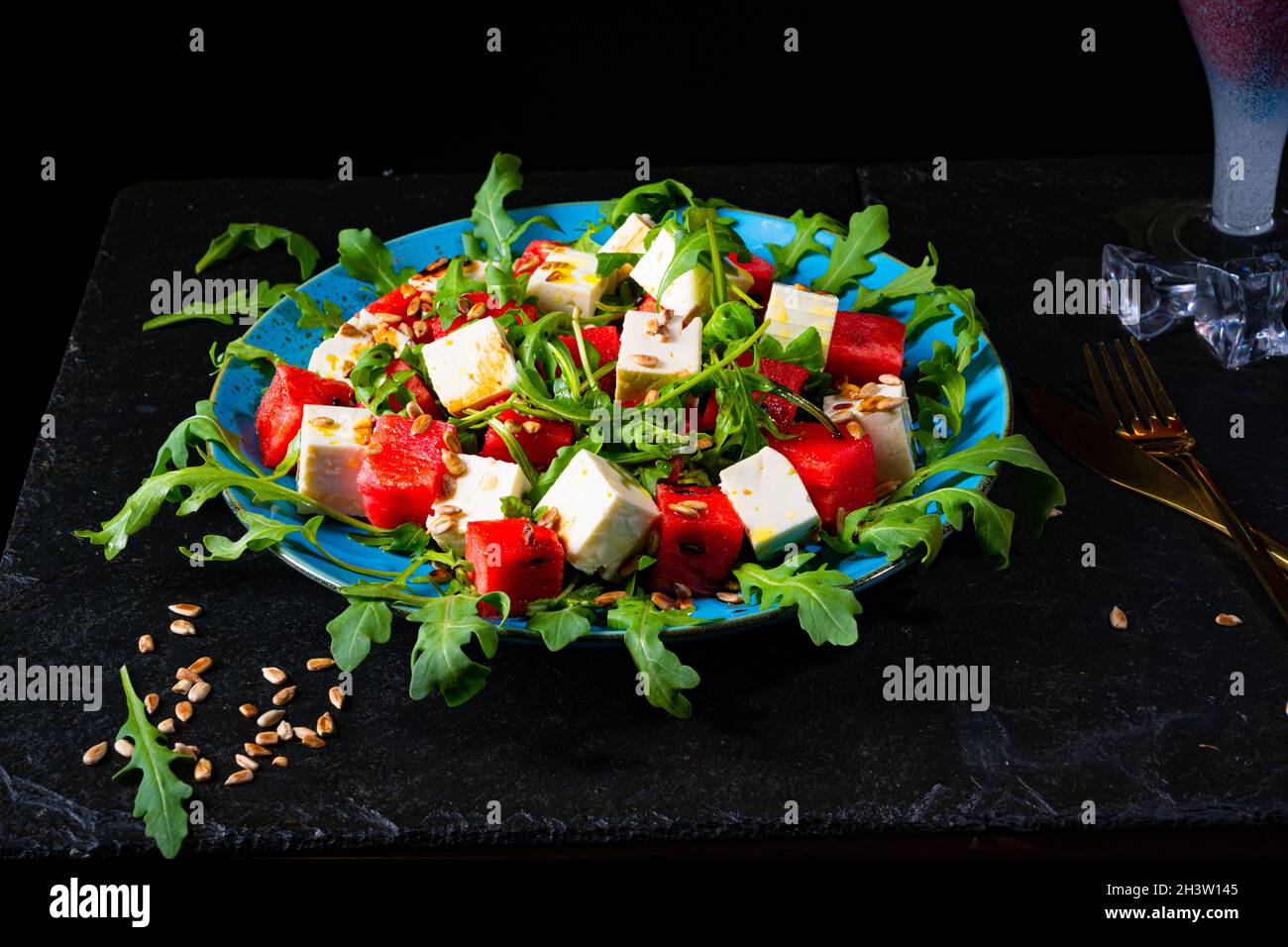 Watermelon Salad with Rocket And Feta Cheese Stock Photo - Alamy