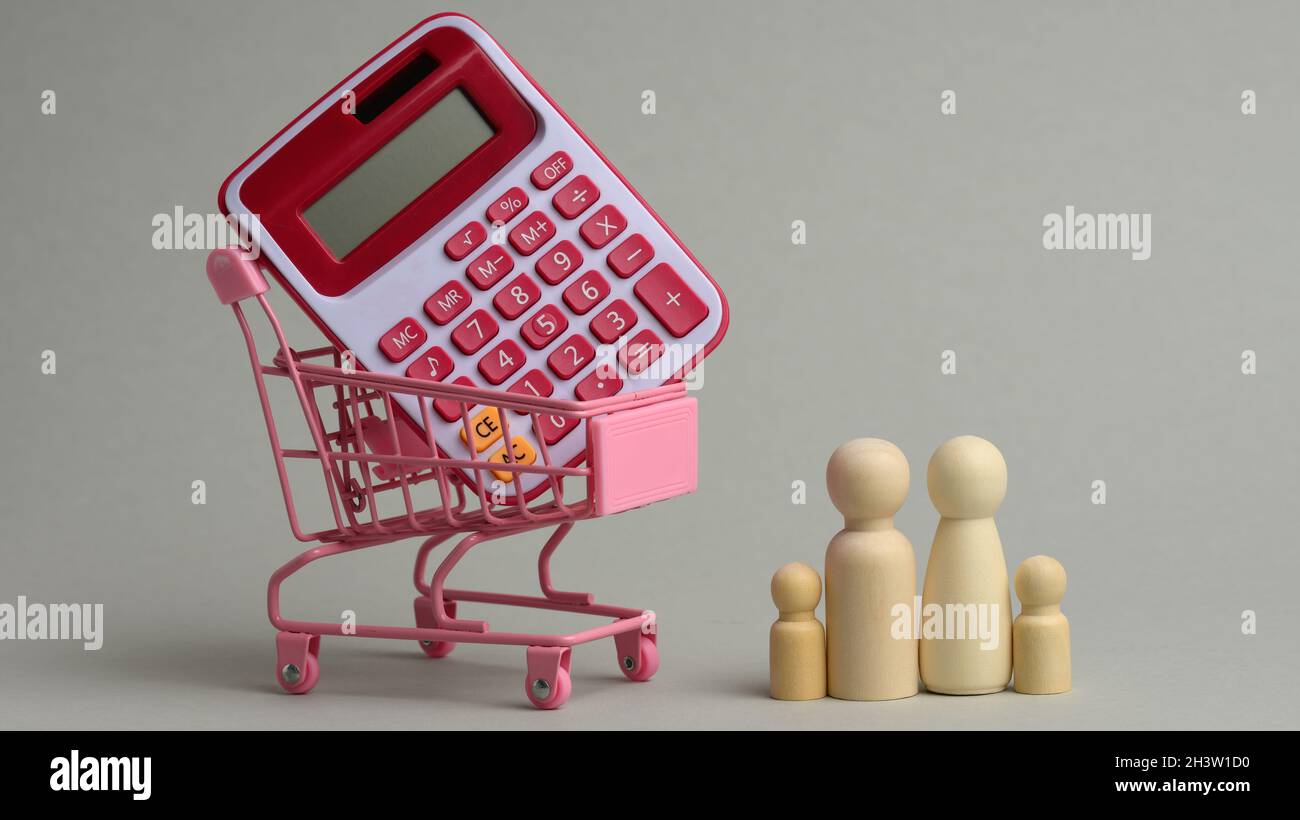 Miniature metal shopping cart with calculator and wooden family ...