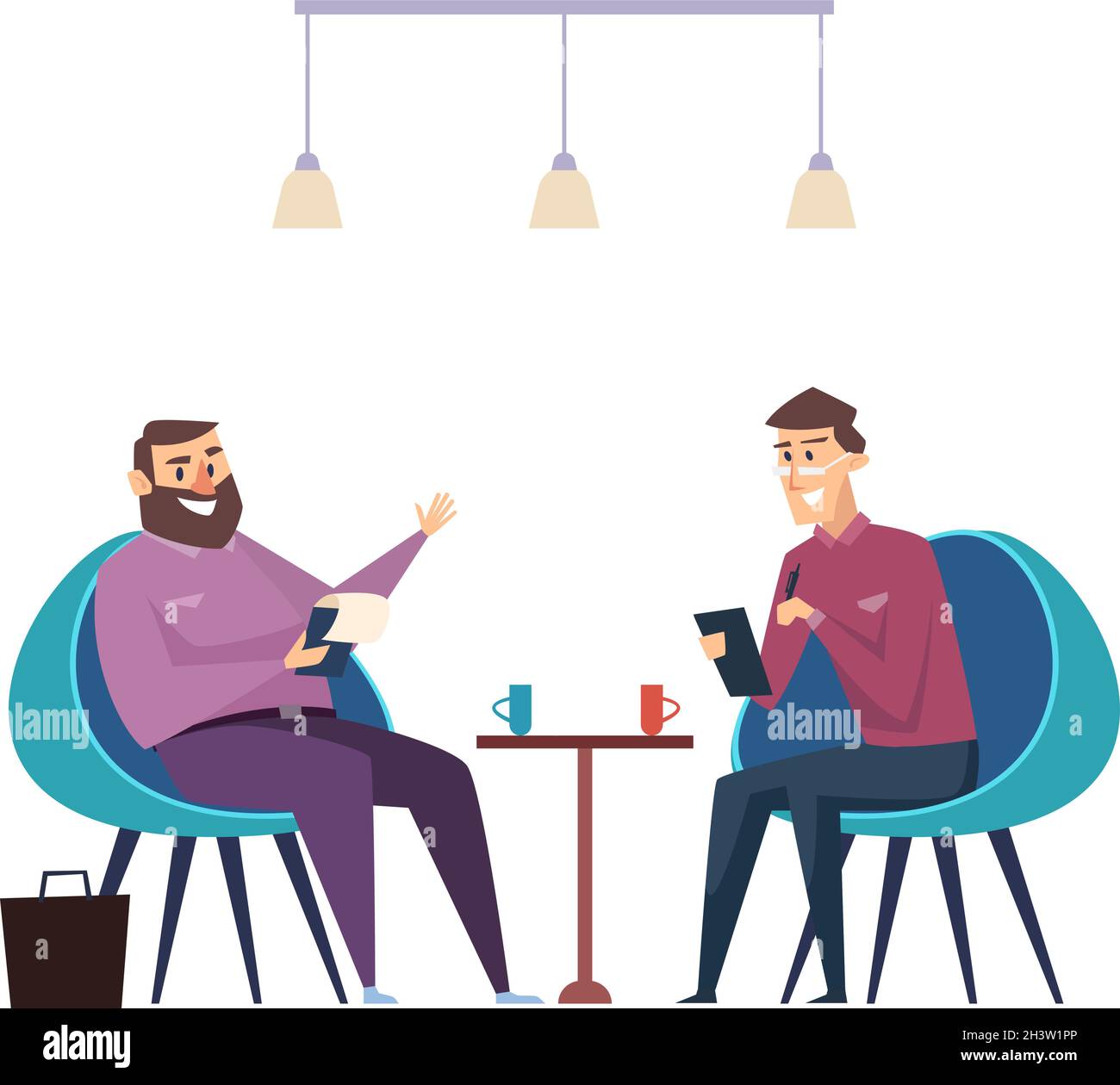 Colleagues on coffee break. Businessmen drink hot beverages and talk ...