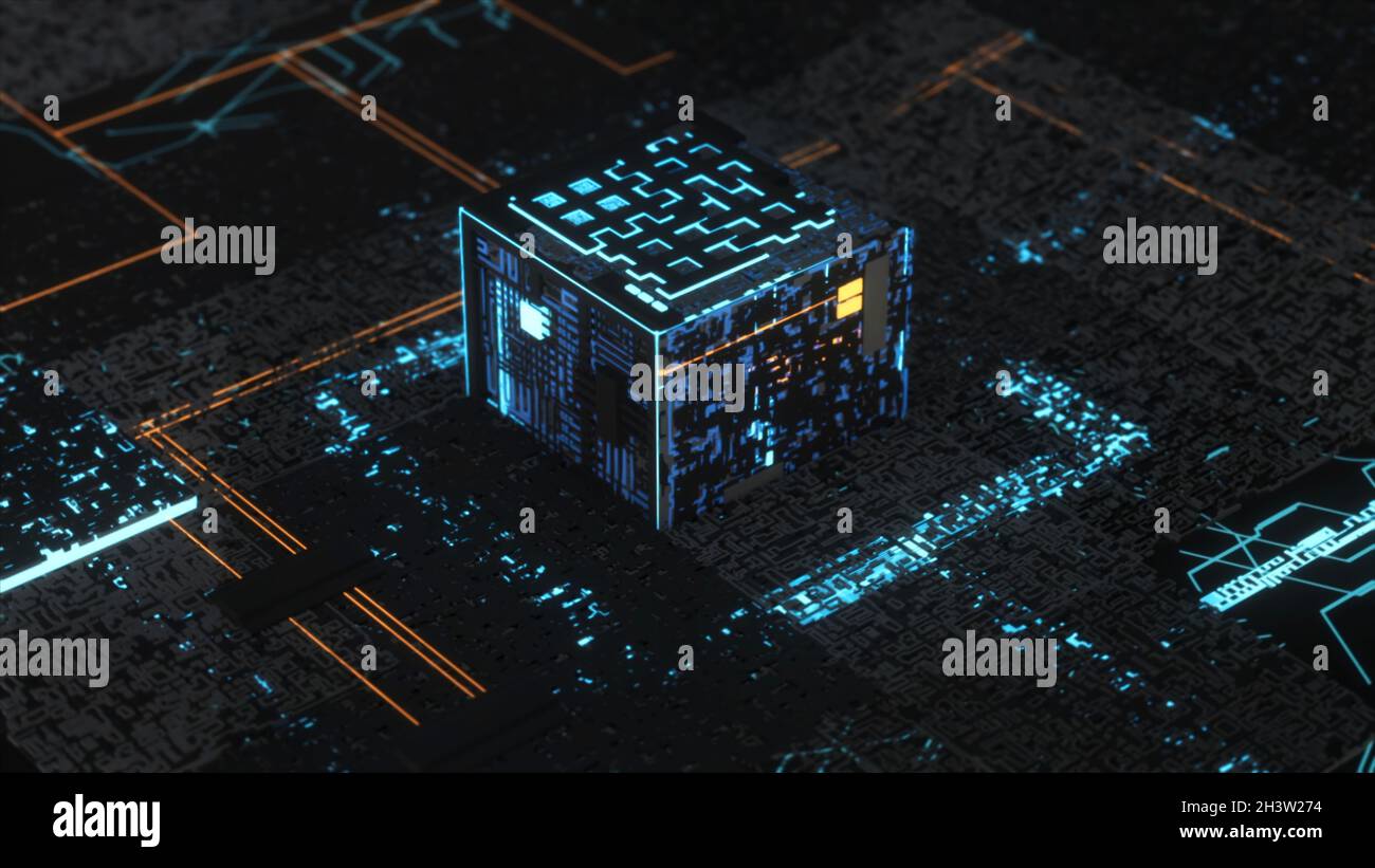 3D computer chip over circuit background of blue and black colors ...