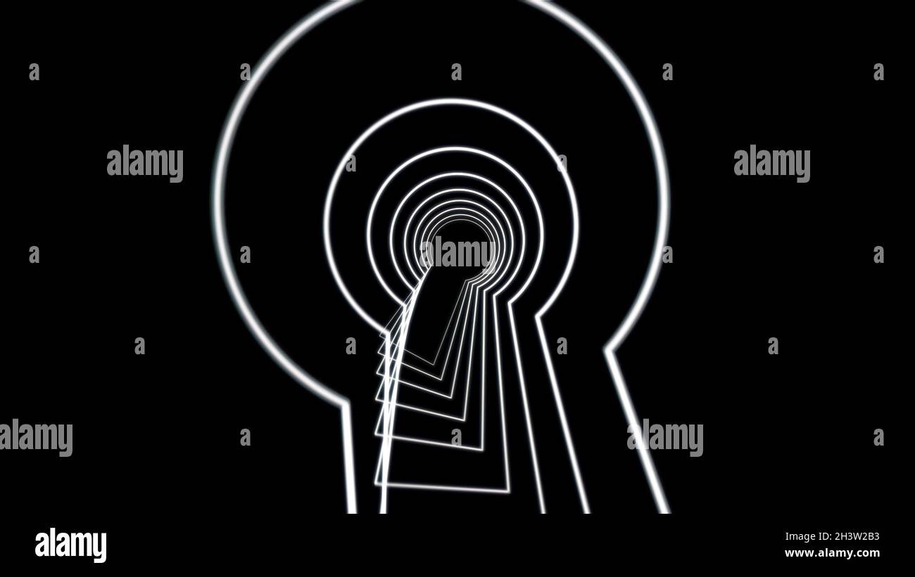 Abstract animation of neon keyhole icon forming the tunnel on black ...
