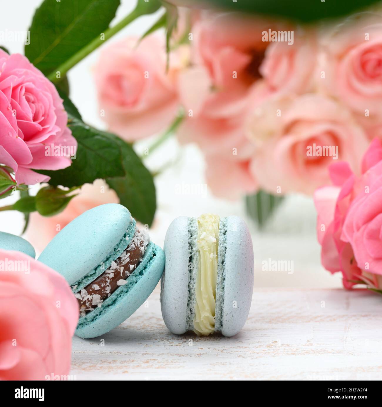 Stack of blue macarons on a white table and pink rosebuds Stock Photo ...