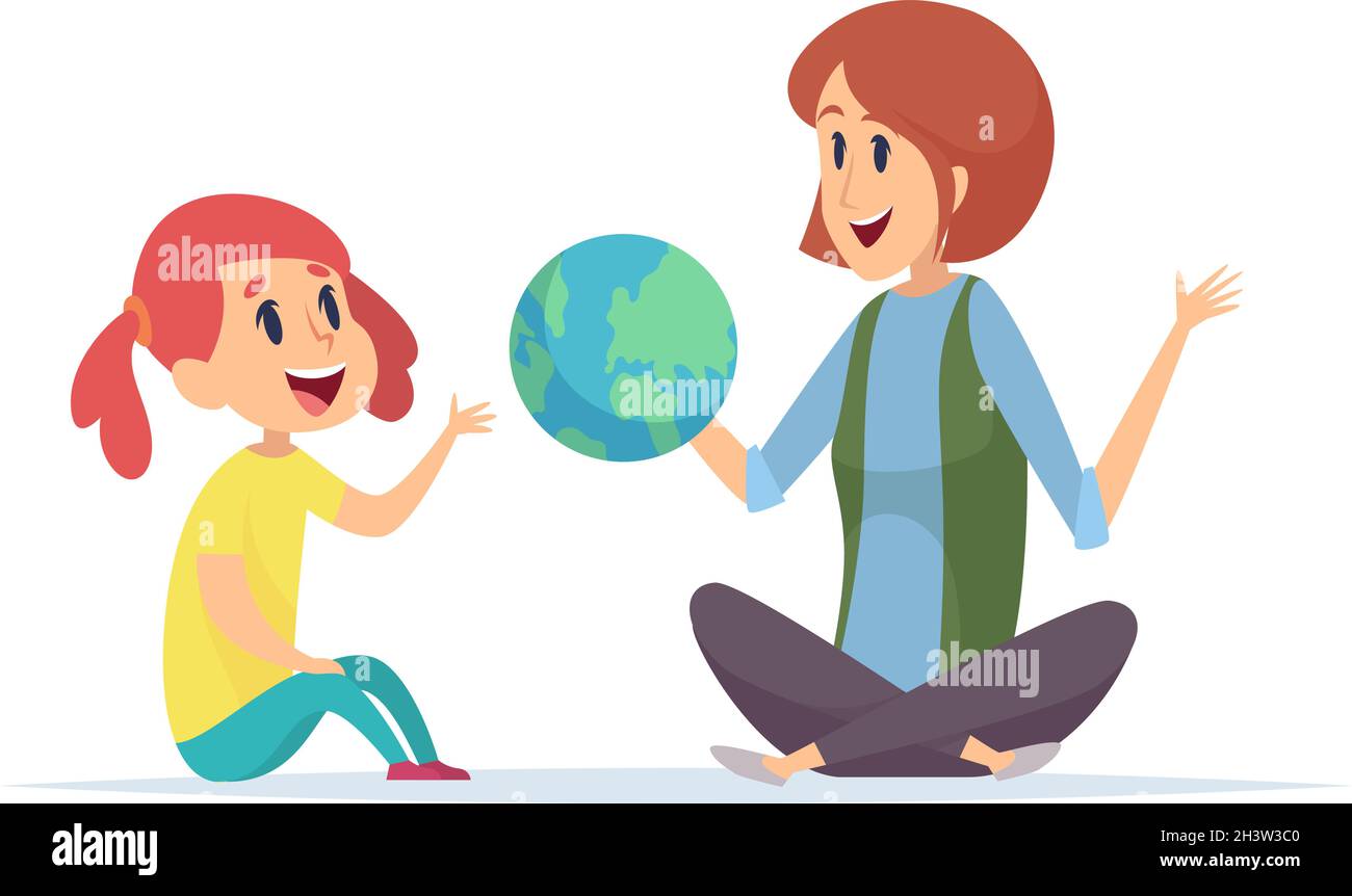 Geography lesson. Girl, teacher and globe, woman tell about planet ...