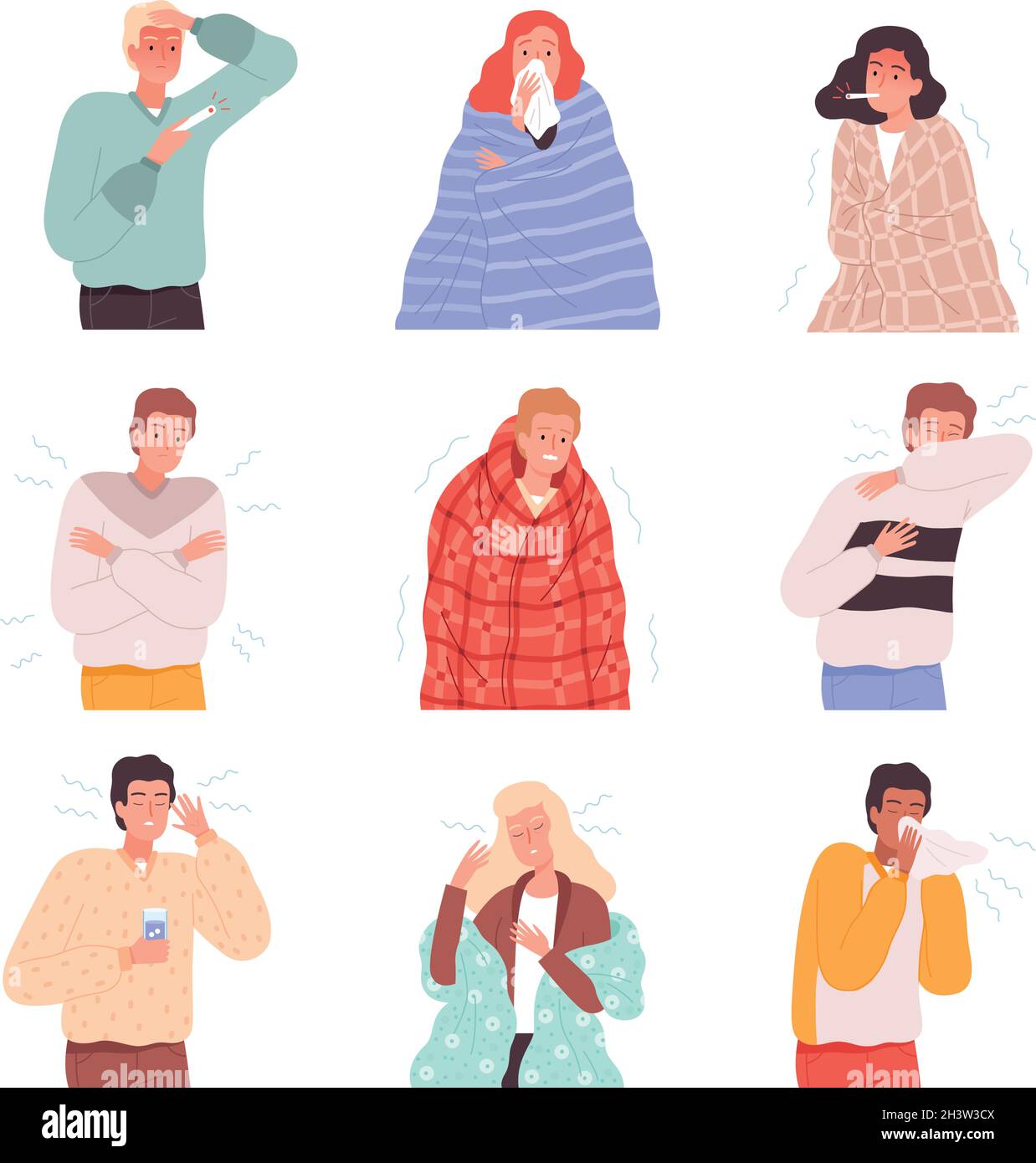 Illness people. Flu sick characters diseases patient treatment person ...