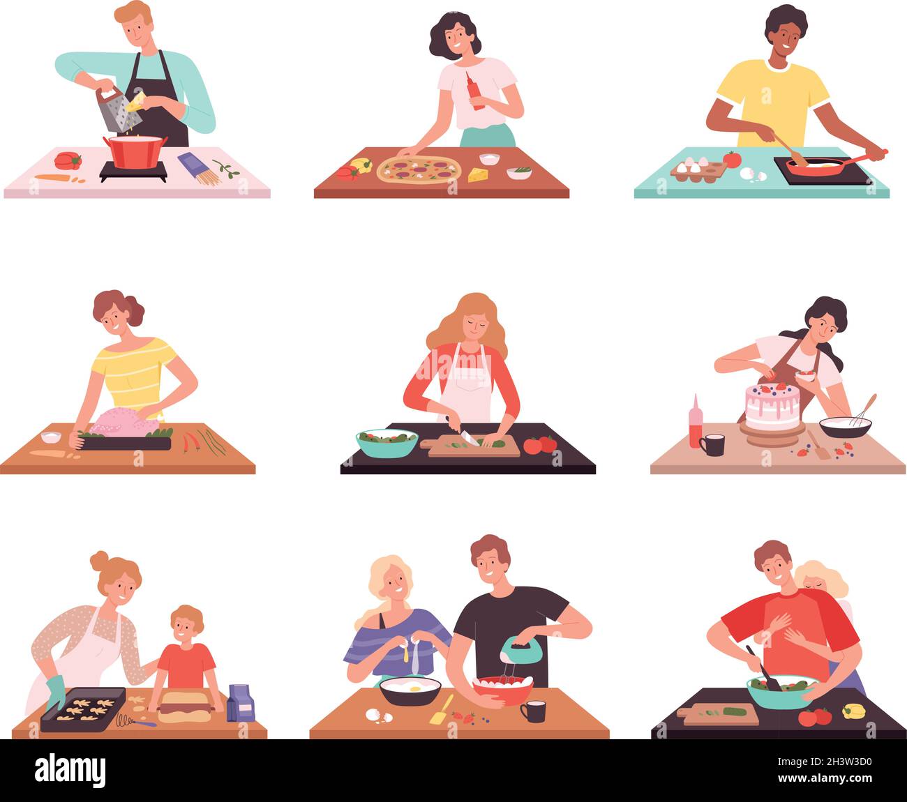 People cooking. Happy smile characters preparing product in kitchen ...