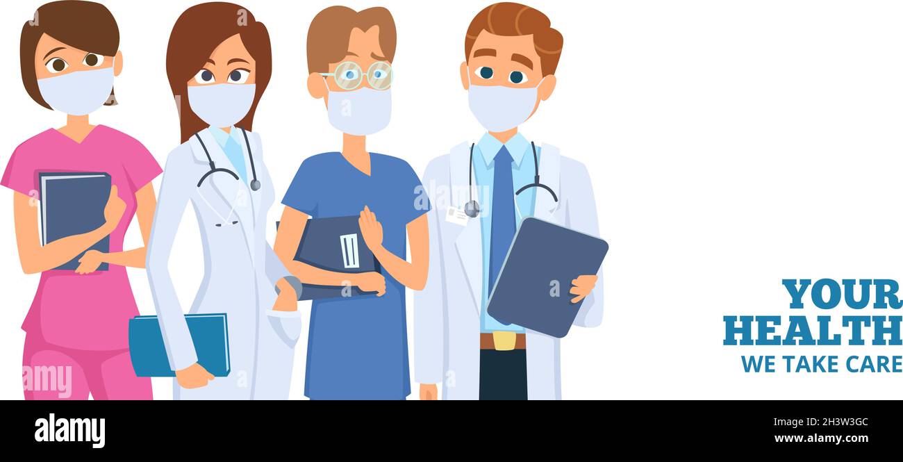 Hospital team. Doctors nurses wear protective masks. Medical health ...