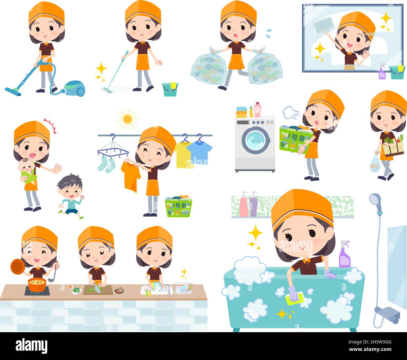 A set of Fast food clerk woman related to housekeeping such as cleaning ...