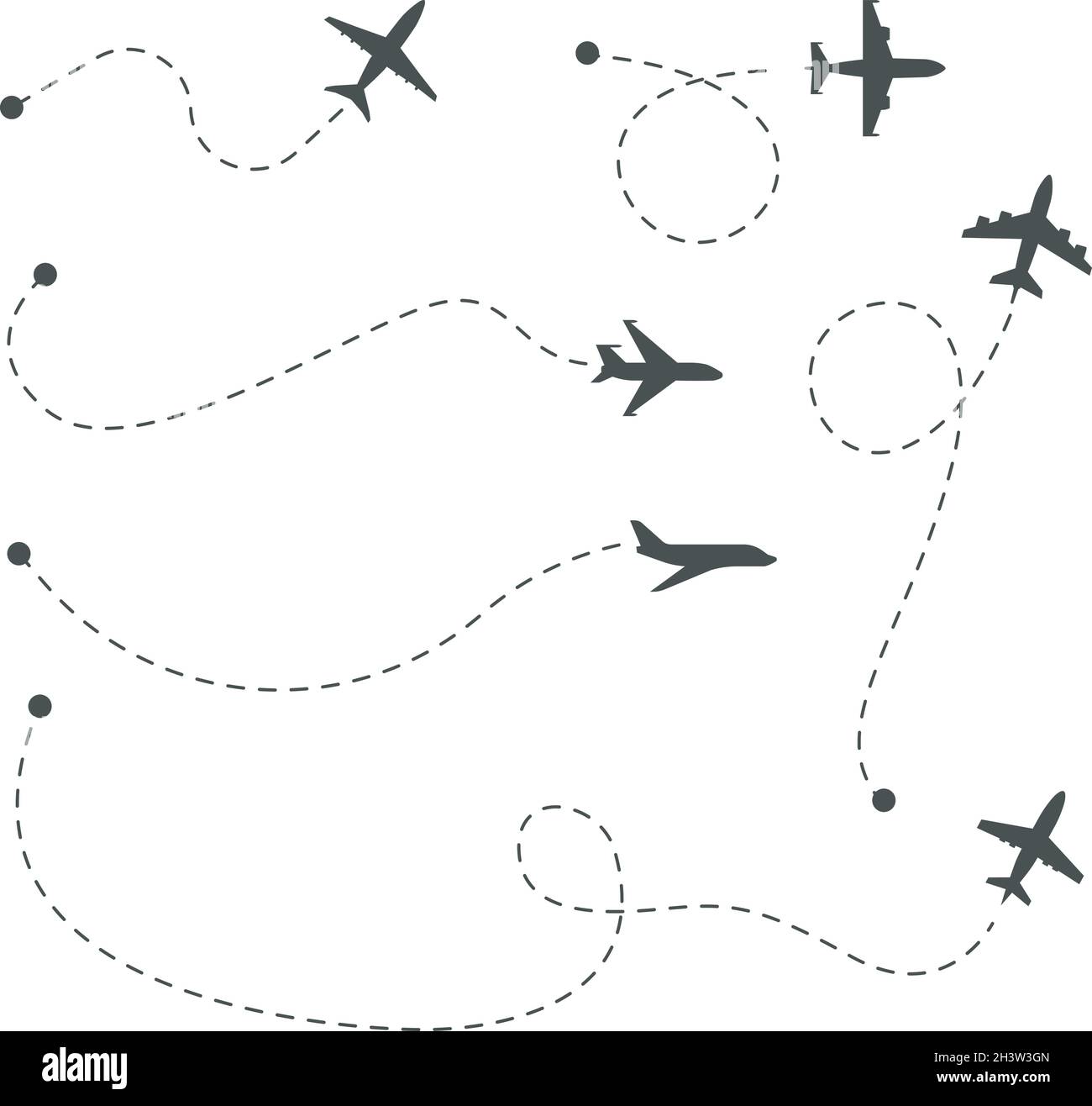 Plane paths. Airline routes, airplane silhouettes and dotted trails ...