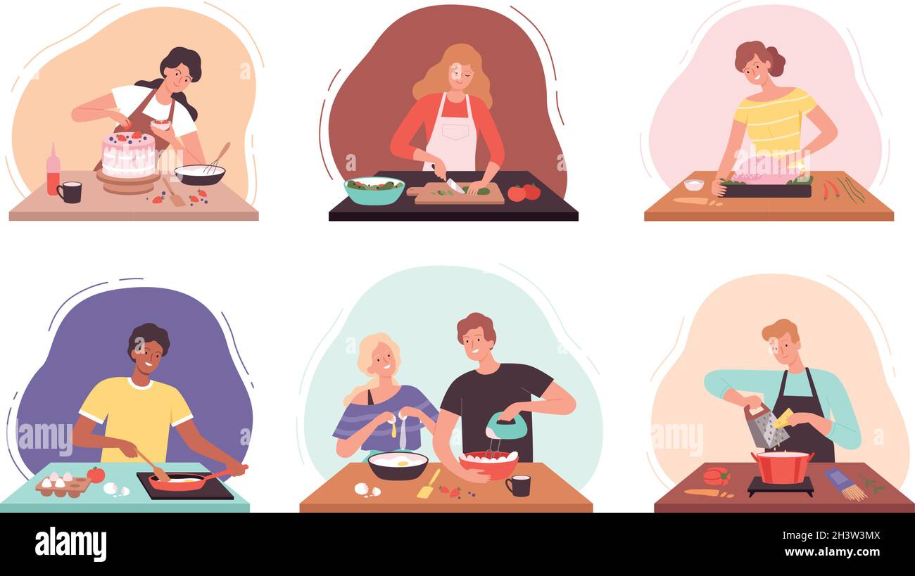 Preparing food. Characters cooking in kitchen happy people baked ...