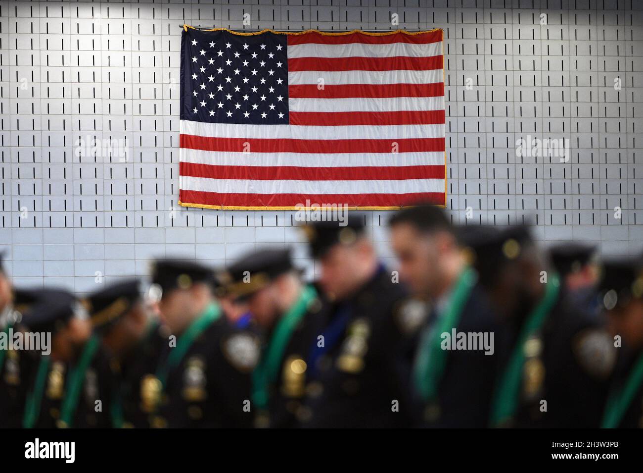 New York, USA. 29th Oct, 2021. A group of honored NYPD officers sit ...