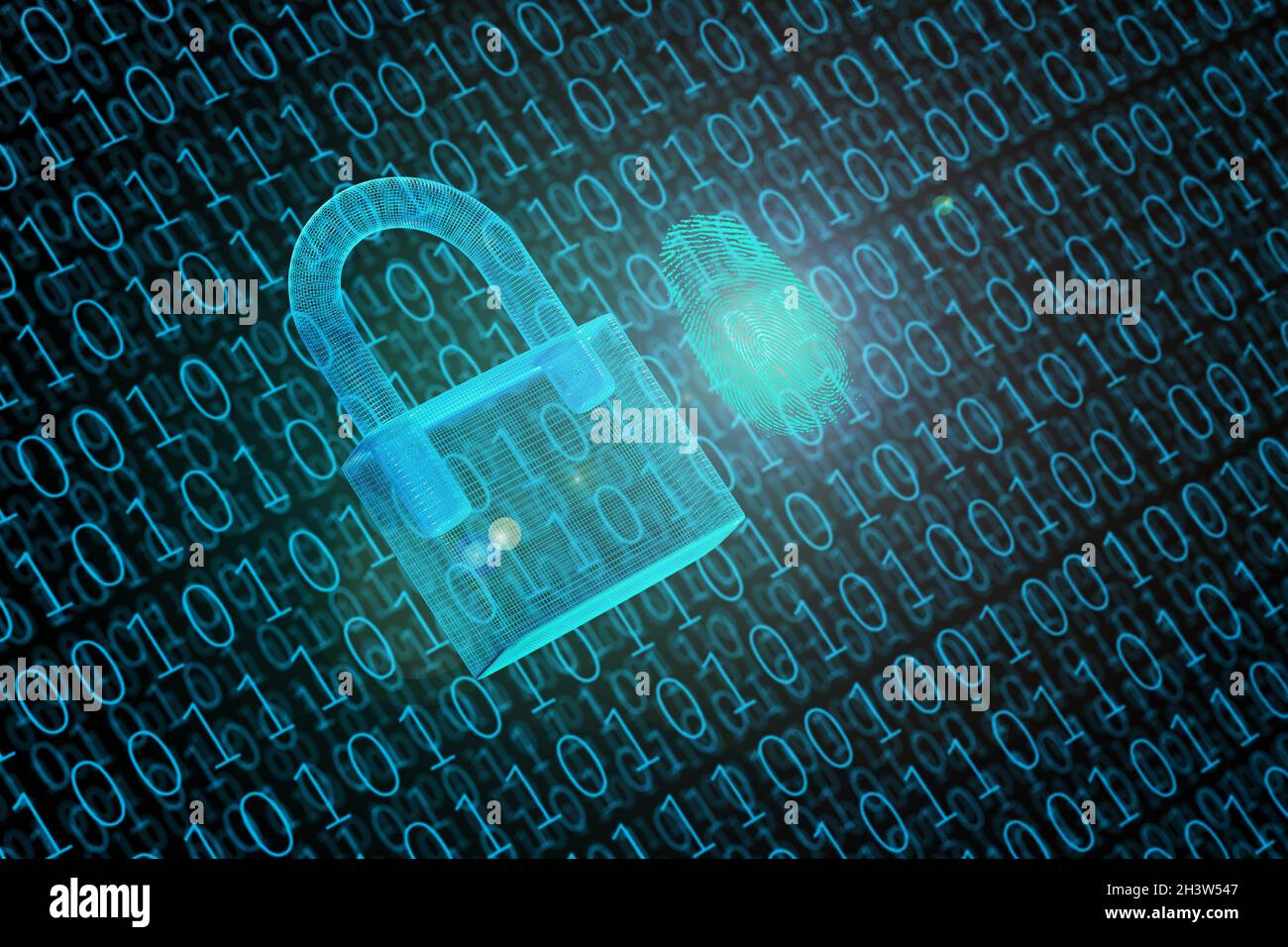Wire-frame padlock and fingerprint on binary numbers background ...