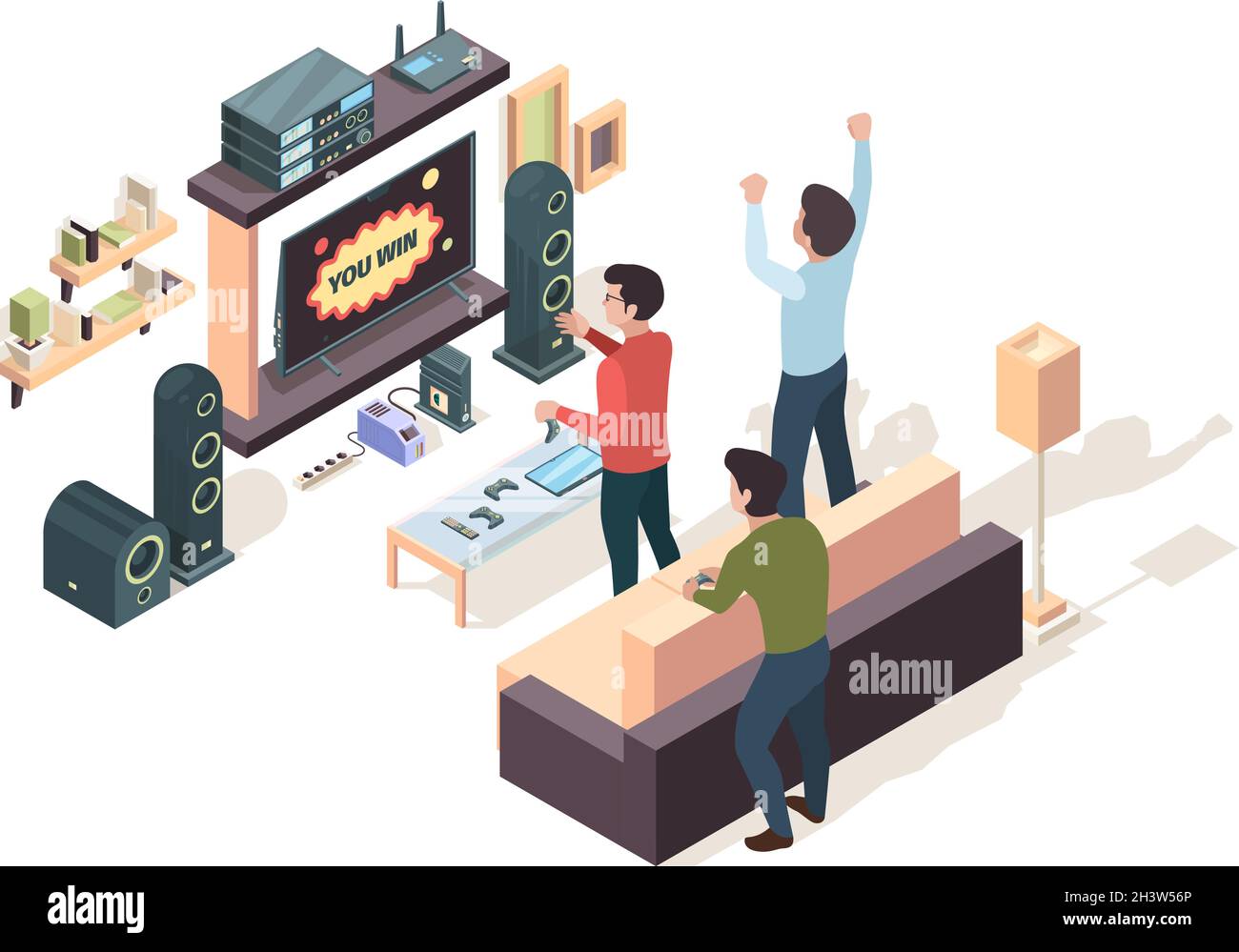 Gamers isometric. Game developer testing playing on console nerd ...