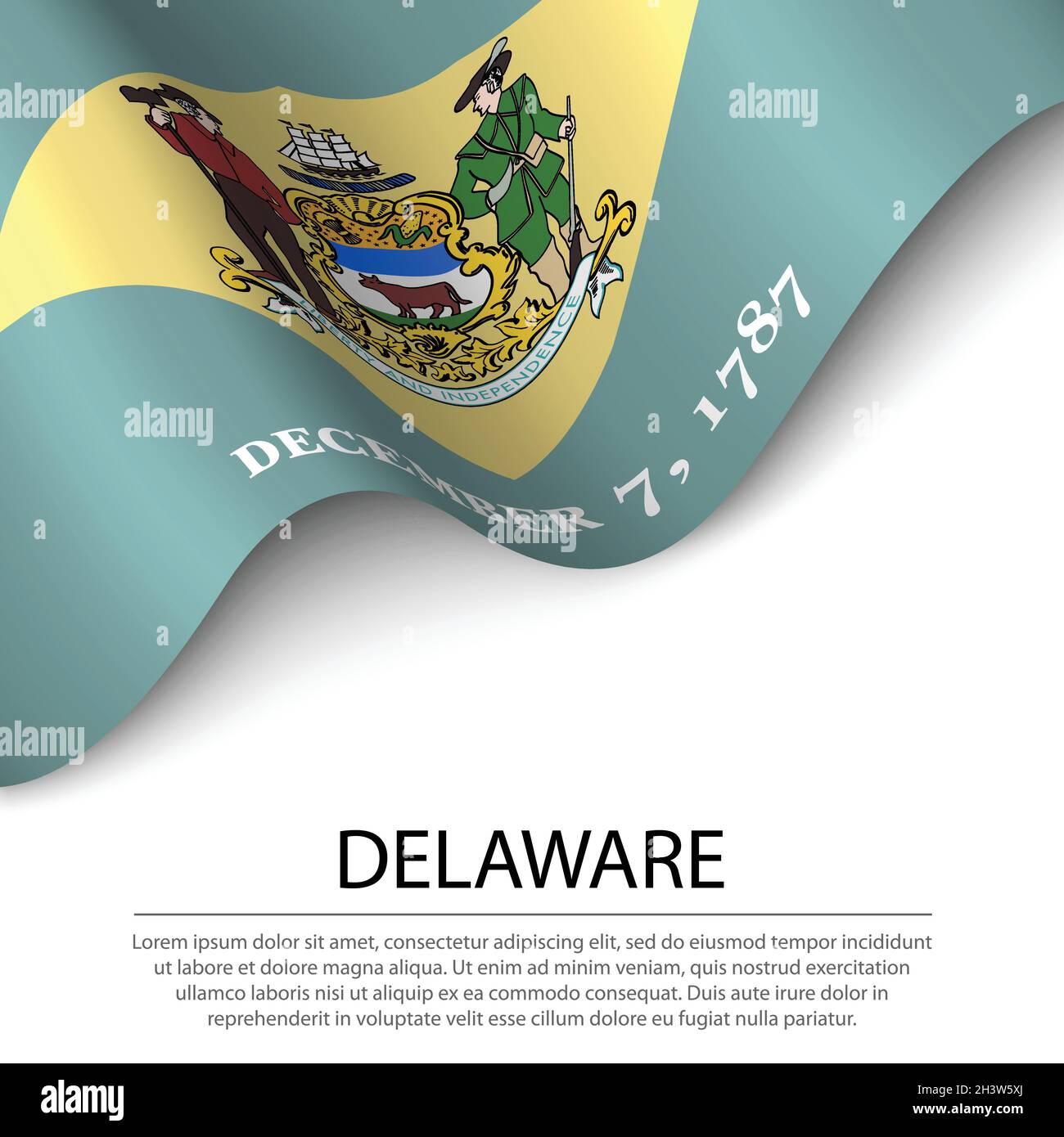 Waving flag of Delaware is a state of USA on white background. Banner ...