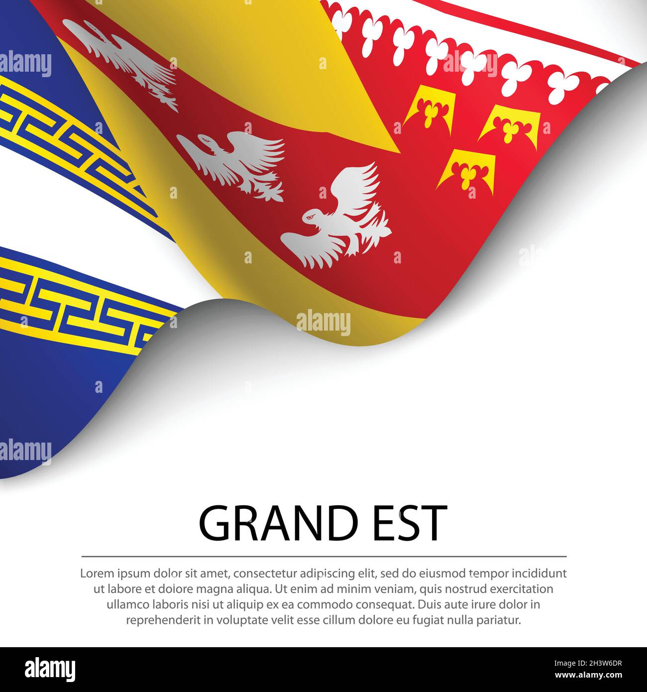 Waving flag of Grand Est is a region of France on white background ...