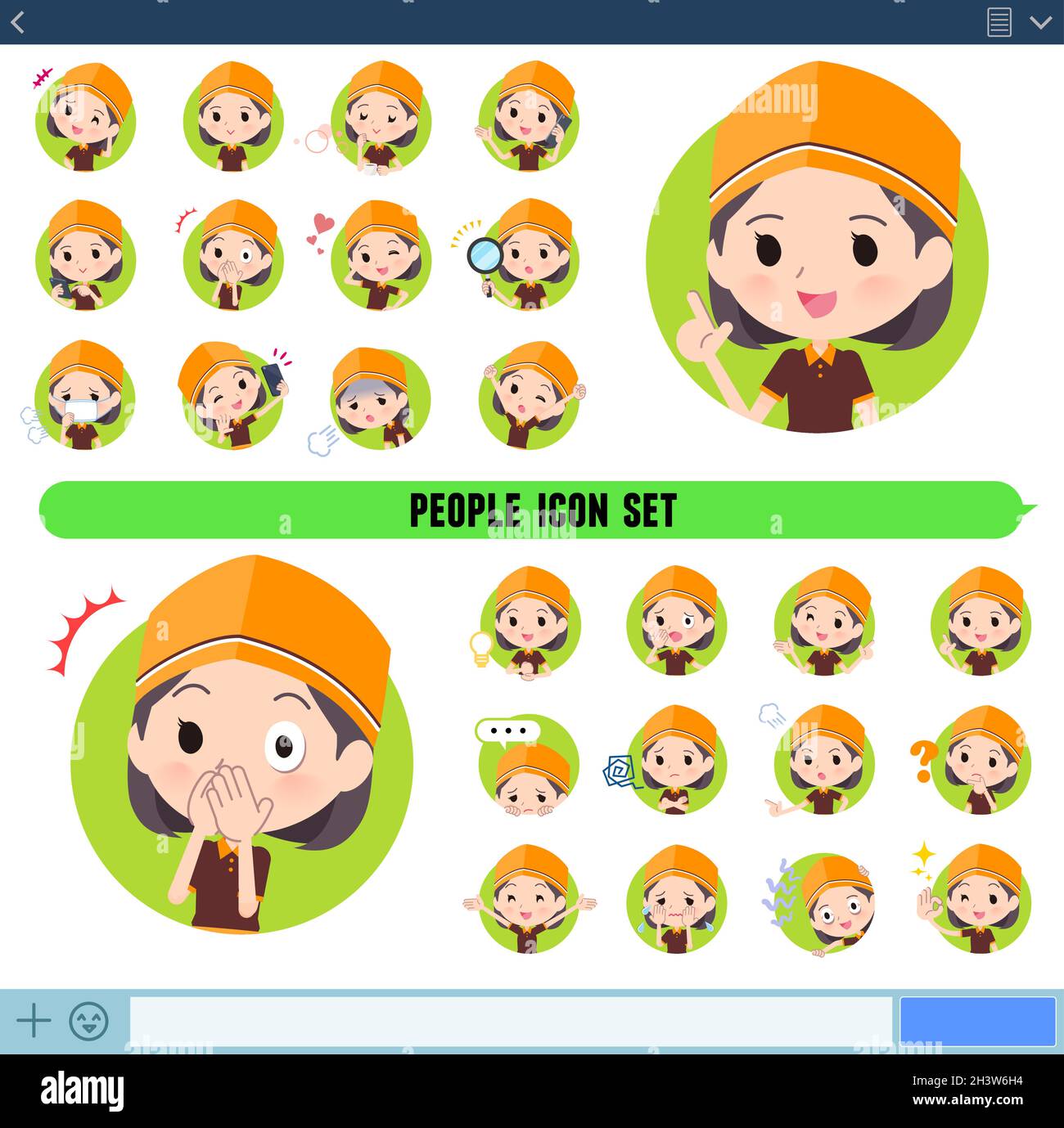A Set Of Fast Food Clerk Woman With Expresses Various Emotions In Icon