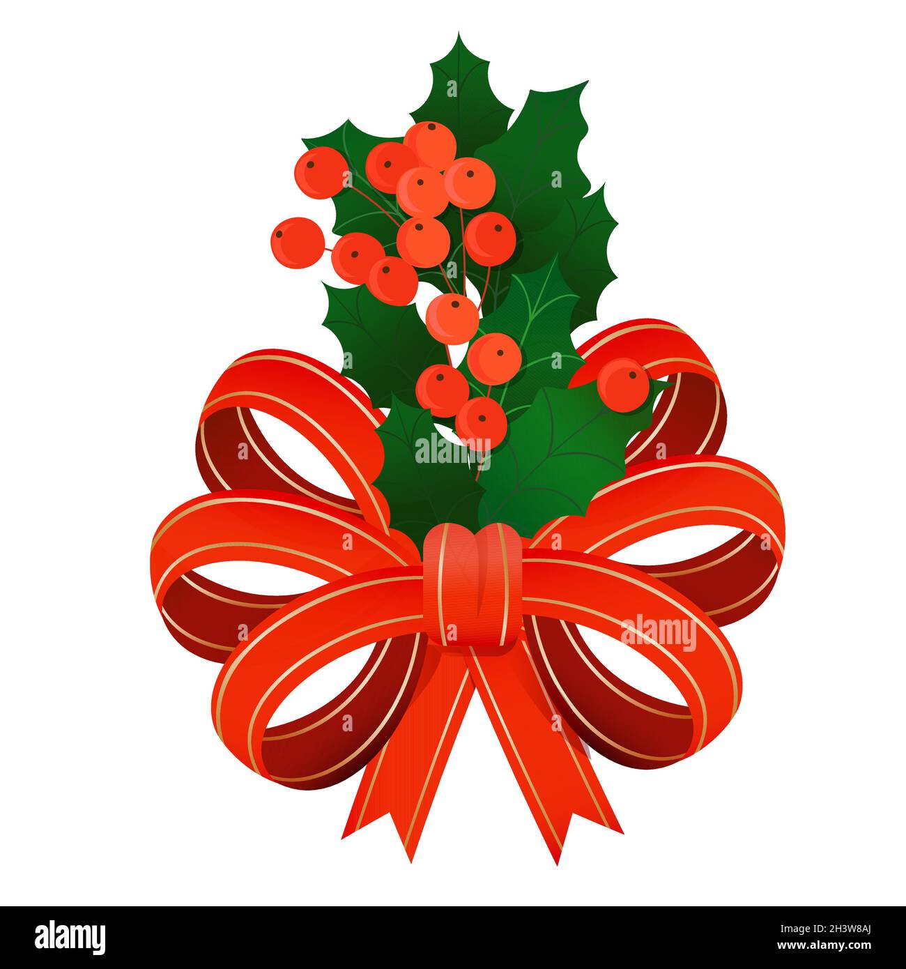 Christmas decoration of holly sprig with red berries and red ribbons ...