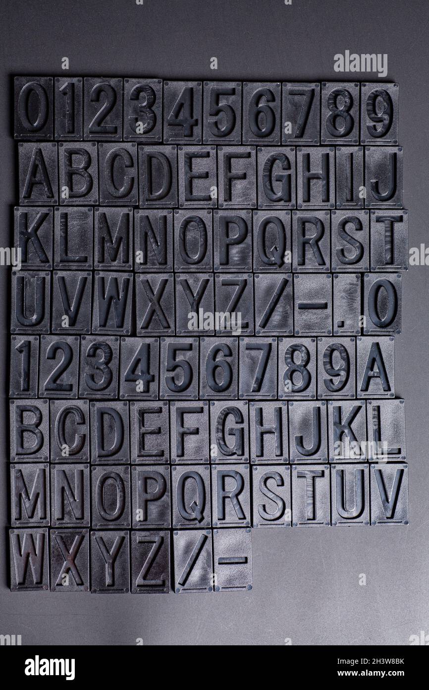 letterpress alphabet and numbers on black background Stock Photo - Alamy