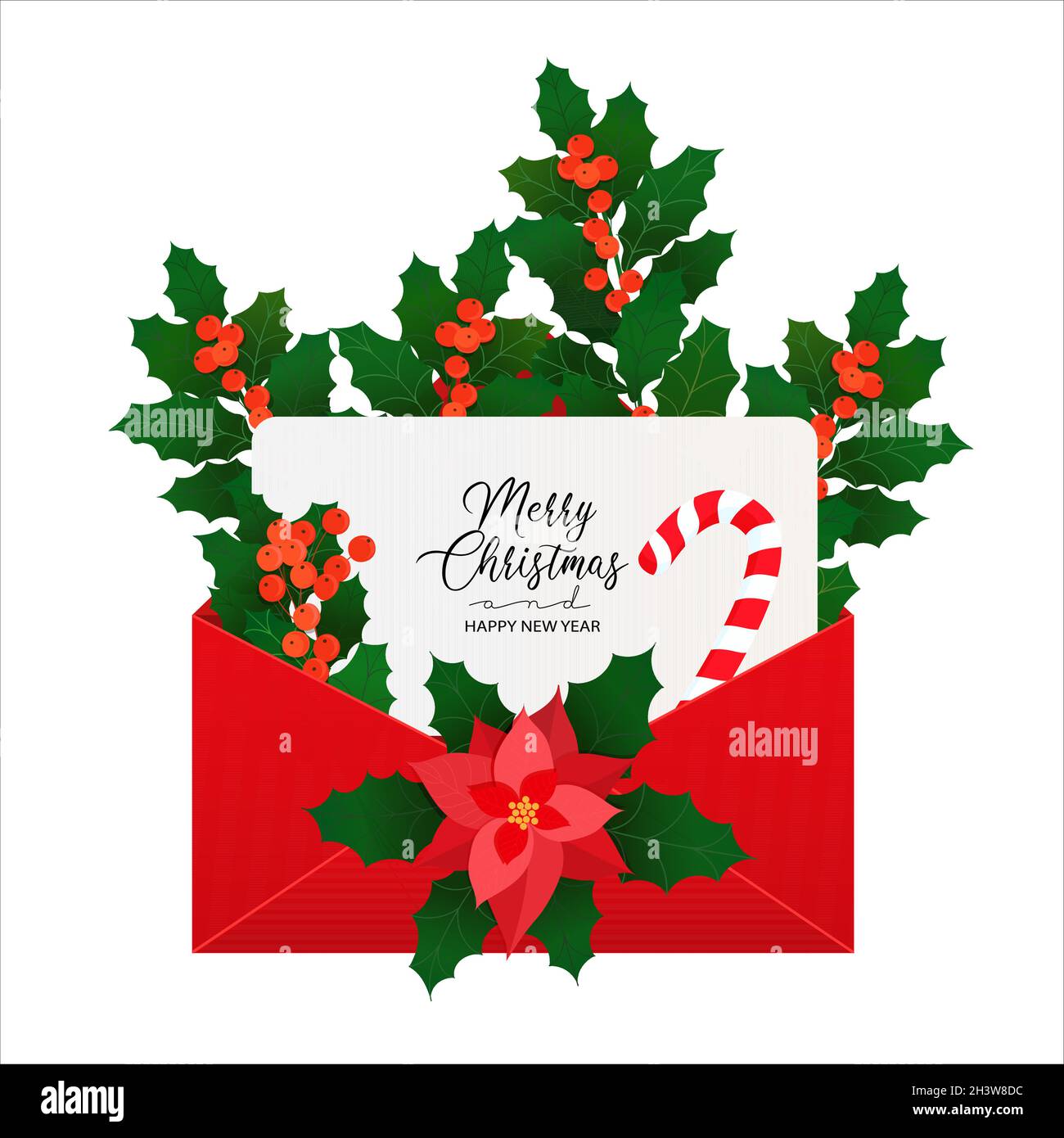 Christmas red envelope with holiday letter and decoration of holly ...
