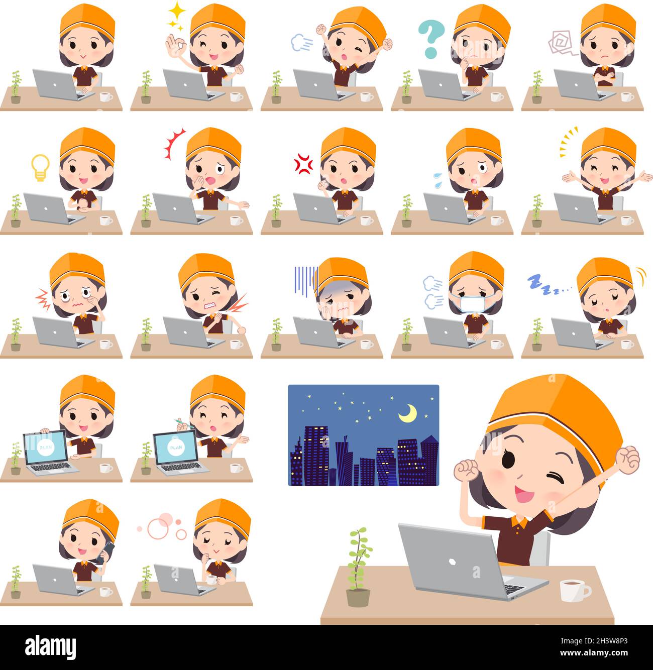 A set of Fast food clerk woman on desk work.It's vector art so easy to ...