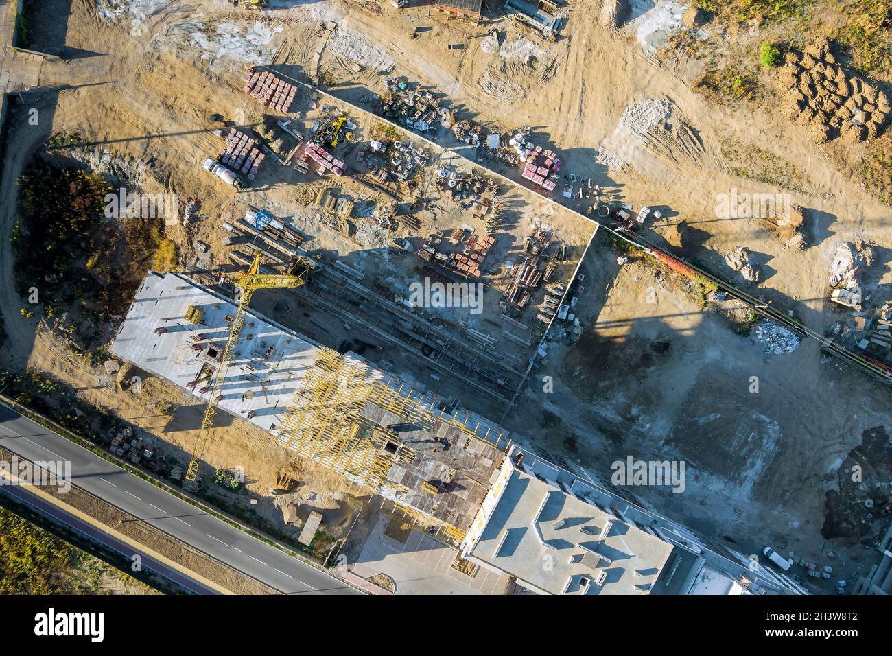 Panoramic top view several construction tower cranes of different ...