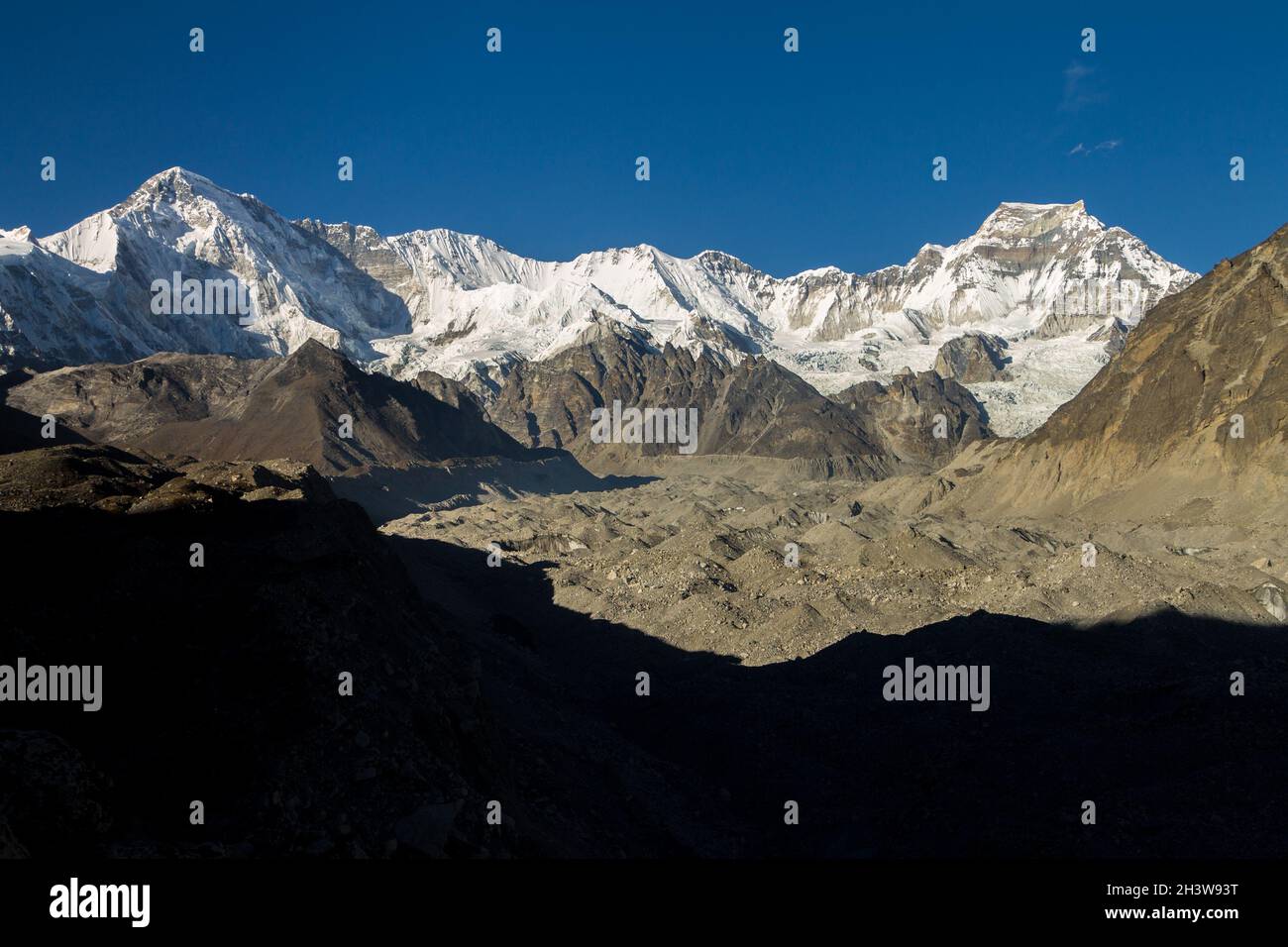 Mountains of the main Himalayan ridge at the head of the Dudh Koshi ...