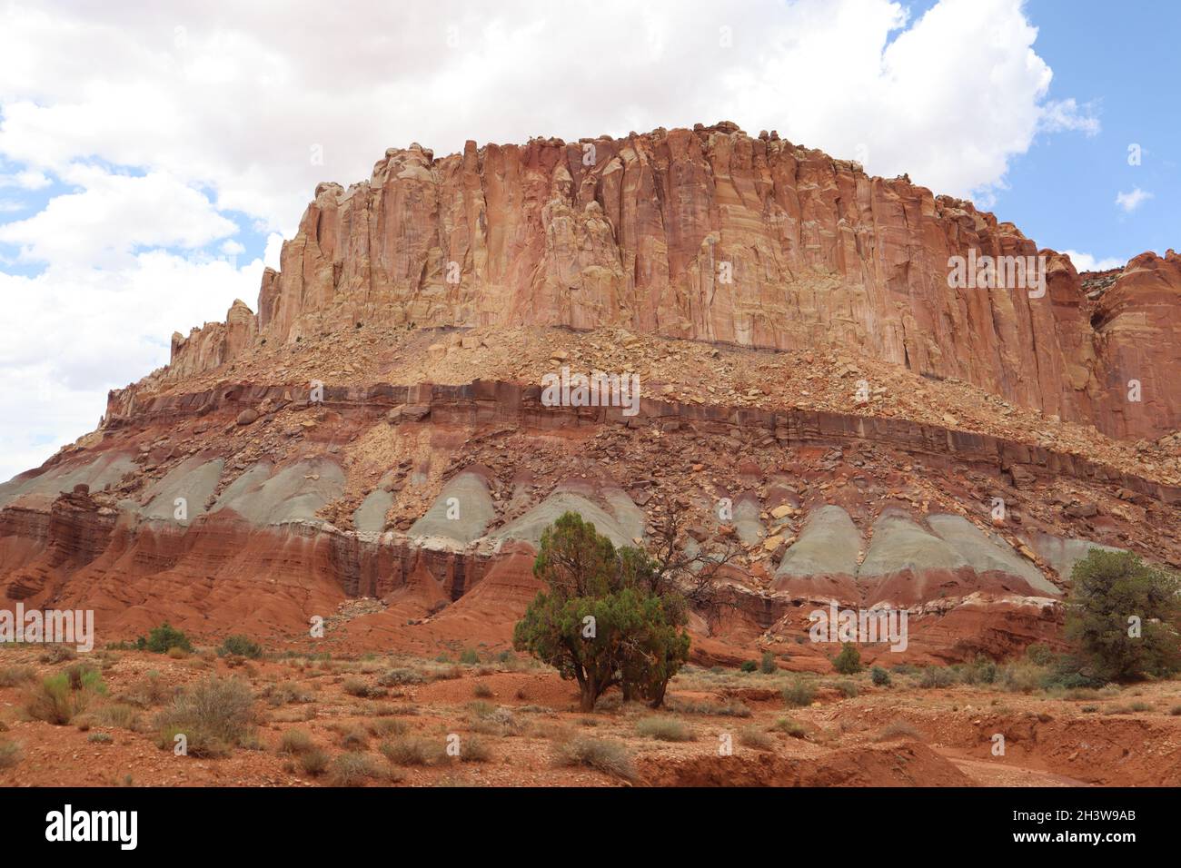View of layered rugged red rock landscape in Capitol Reef National Park ...