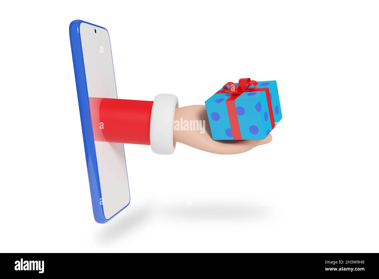 Santa's hand coming out of the screen of a mobile phone with a gift ...