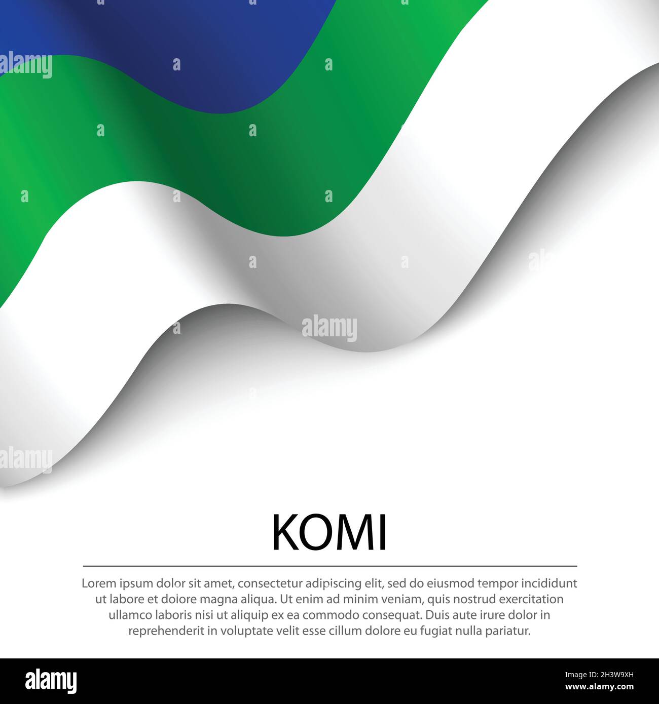 Waving flag of Komi is a region of Russia on white background. Banner ...