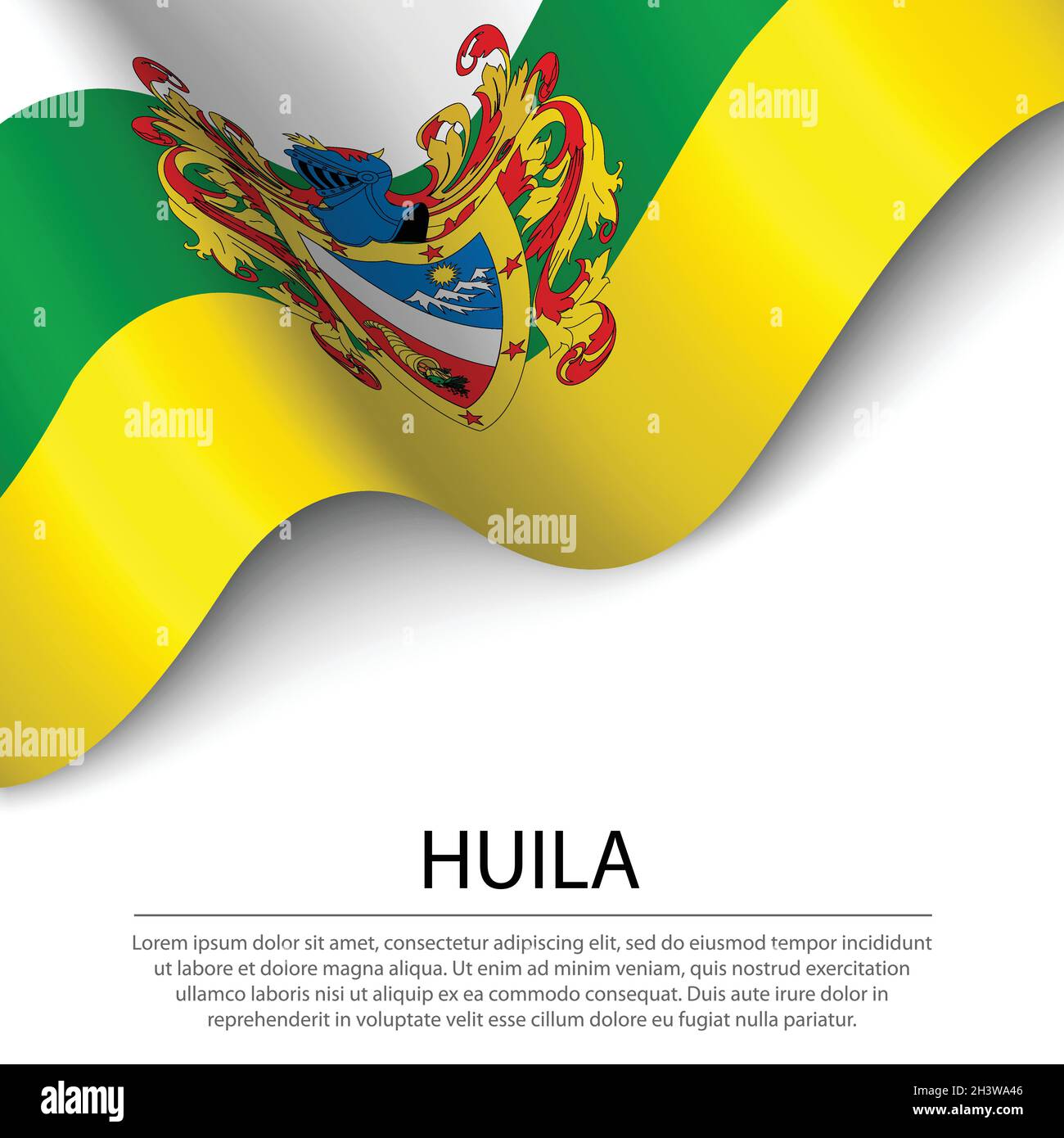 Waving flag of Huila is a region of Colombia on white background ...